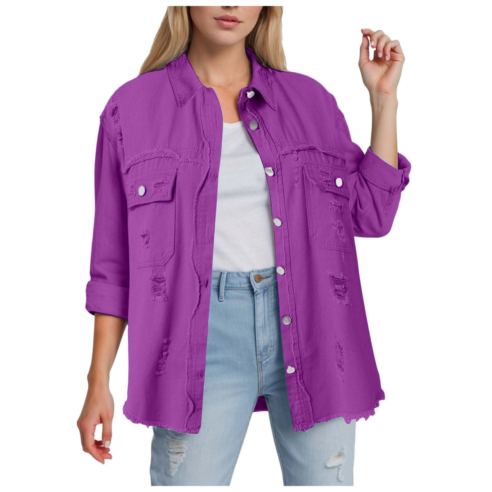 adviicd Women's Oversized Denim Jacket Casual Long Sleeve Denim Shirts ...