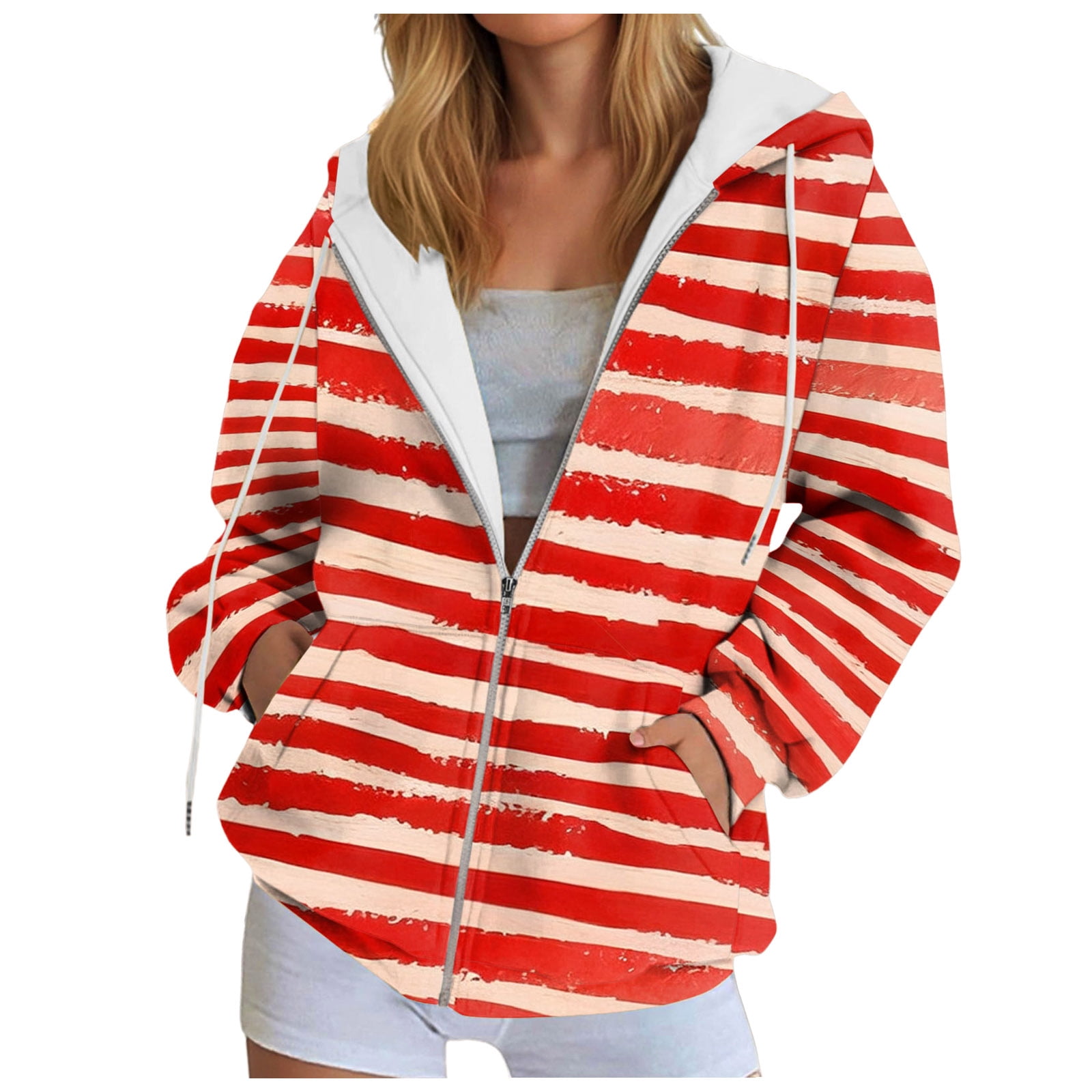adviicd Women's Oversized Striped Hooded Sweatshirt Zip Up Long Sleeve ...