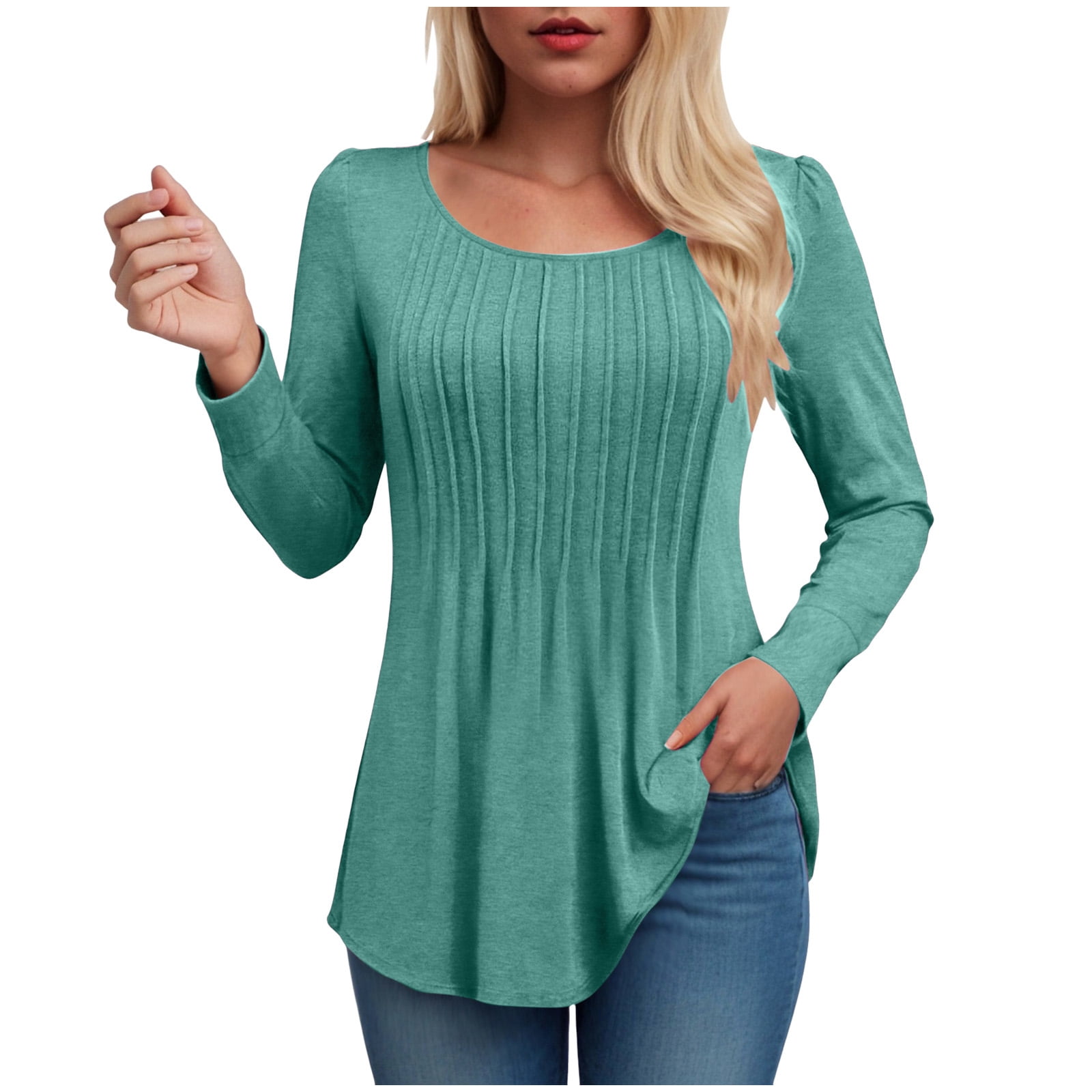 adviicd Women's Puff Long Sleeve Tunic Tops Pleated Crew Neck Blouses ...