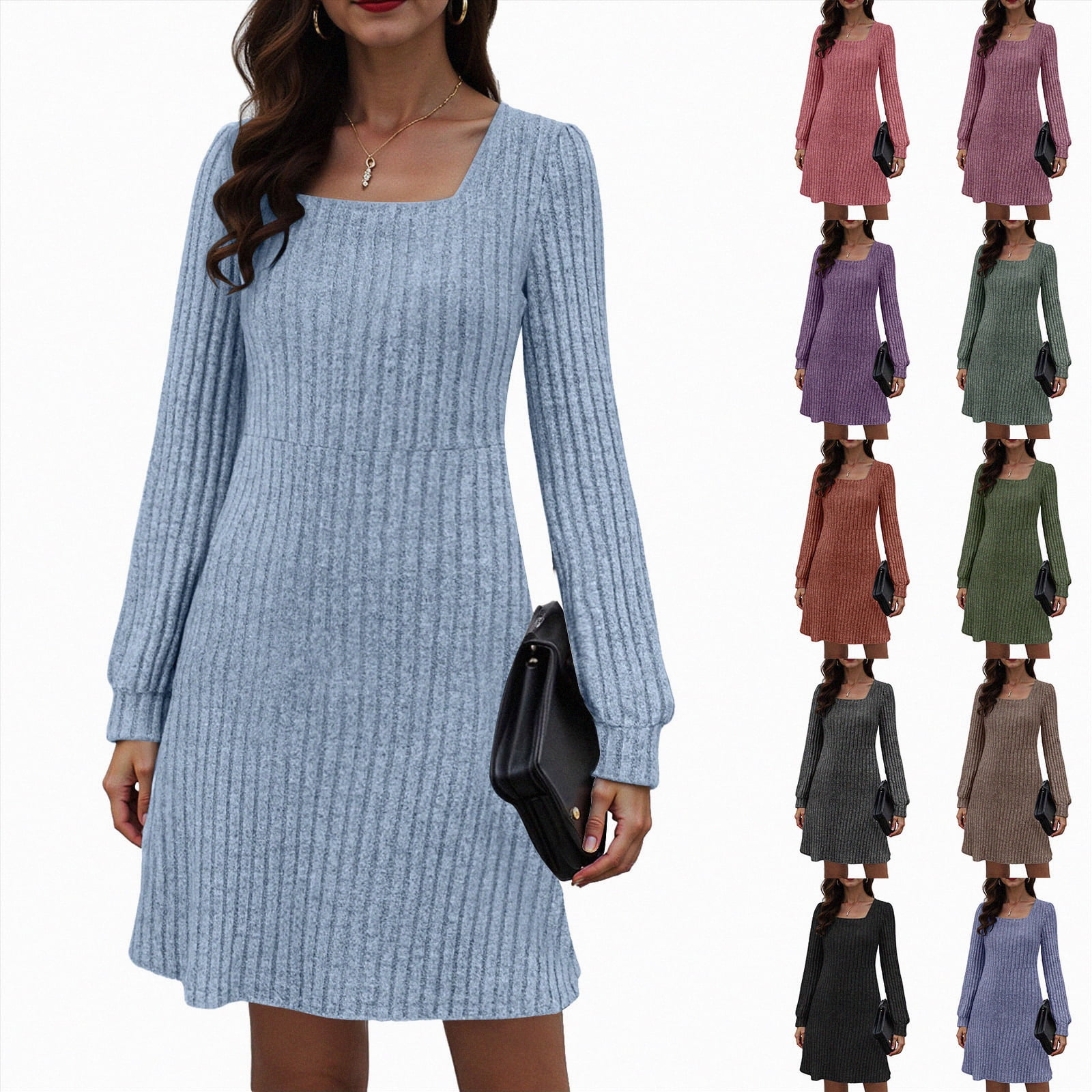 adviicd Women's Square Neck Sweater Dress Long Sleeve Midi Sweater ...