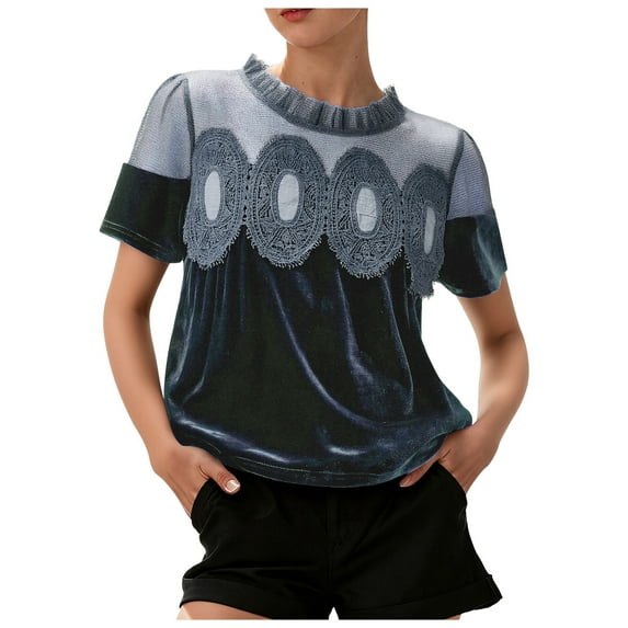 adviicd Women's Velvet Lace Blouse Casual Round Neck Short Sleeve ...