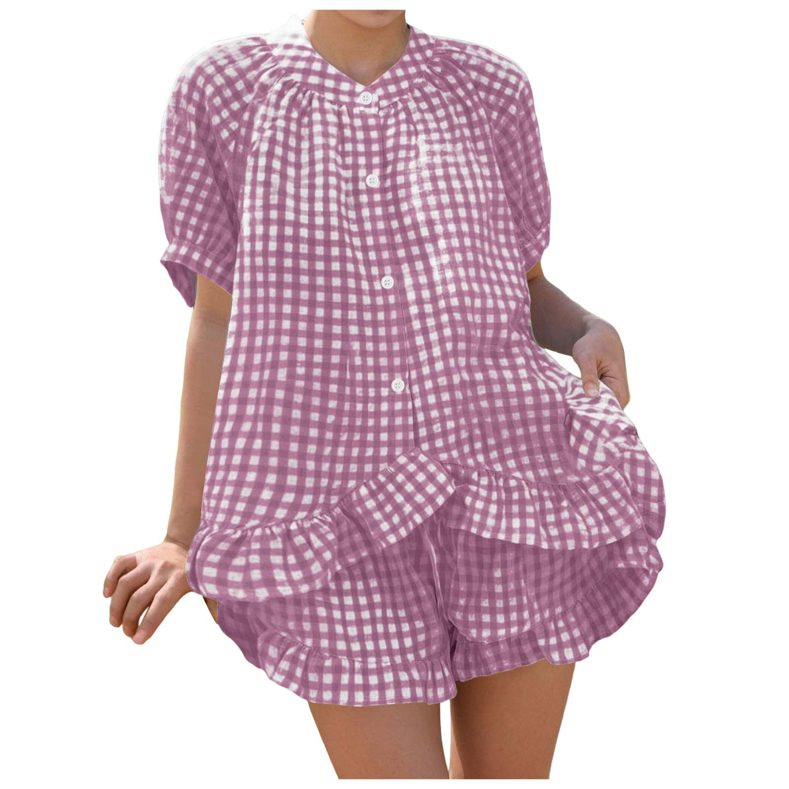 adviicd Womens 2 Piece Ruffle Pajama Set Gingham Pjs Short Sleeve ...