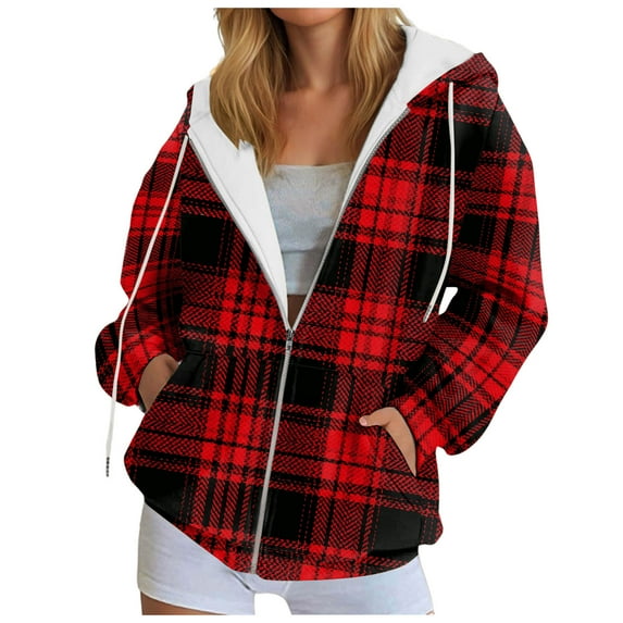 adviicd Womens Fashion Plaid Hoodies Jacket Long Sleeve Fleece Jackets ...