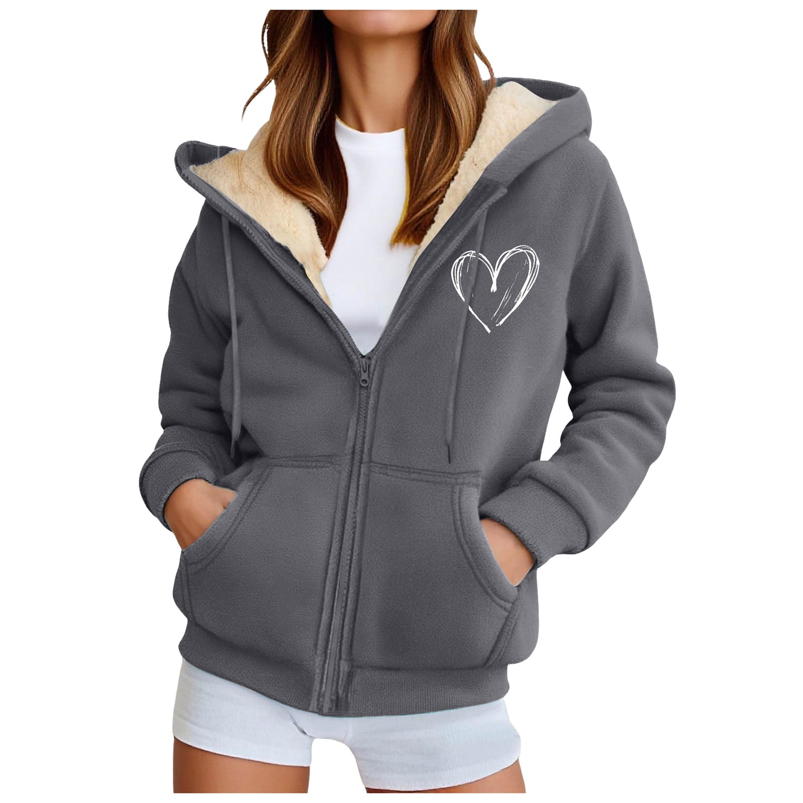 adviicd Womens Fleece Zip Up Sherpa Lined Warm Hooded Coat Casual Heart ...