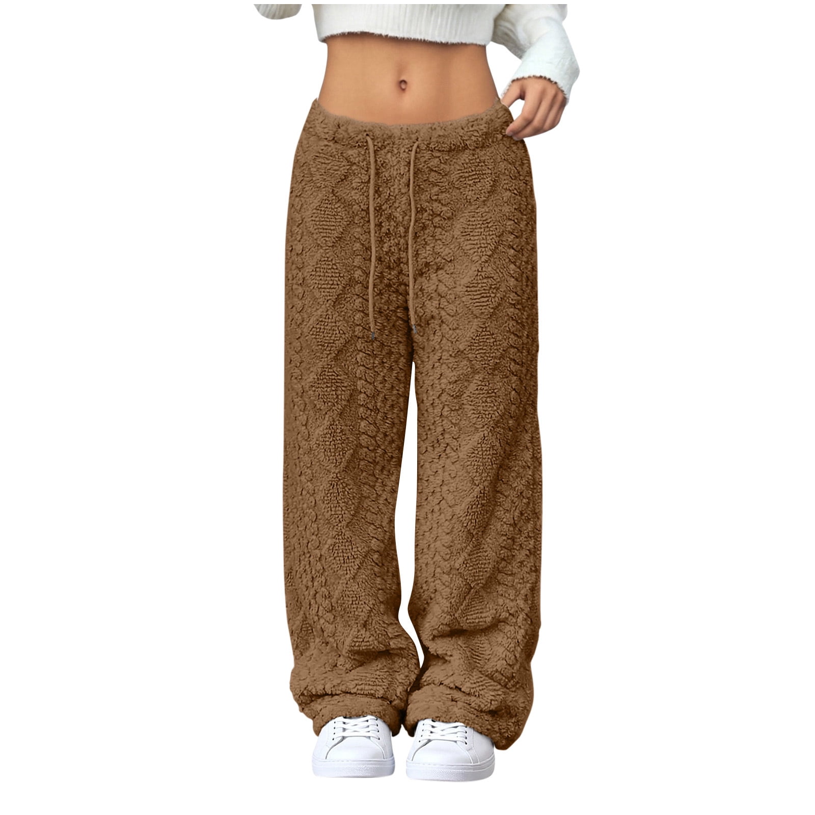 adviicd Womens Fuzzy Pants Elastic Waist Wide Leg Fleece Winter Soft ...