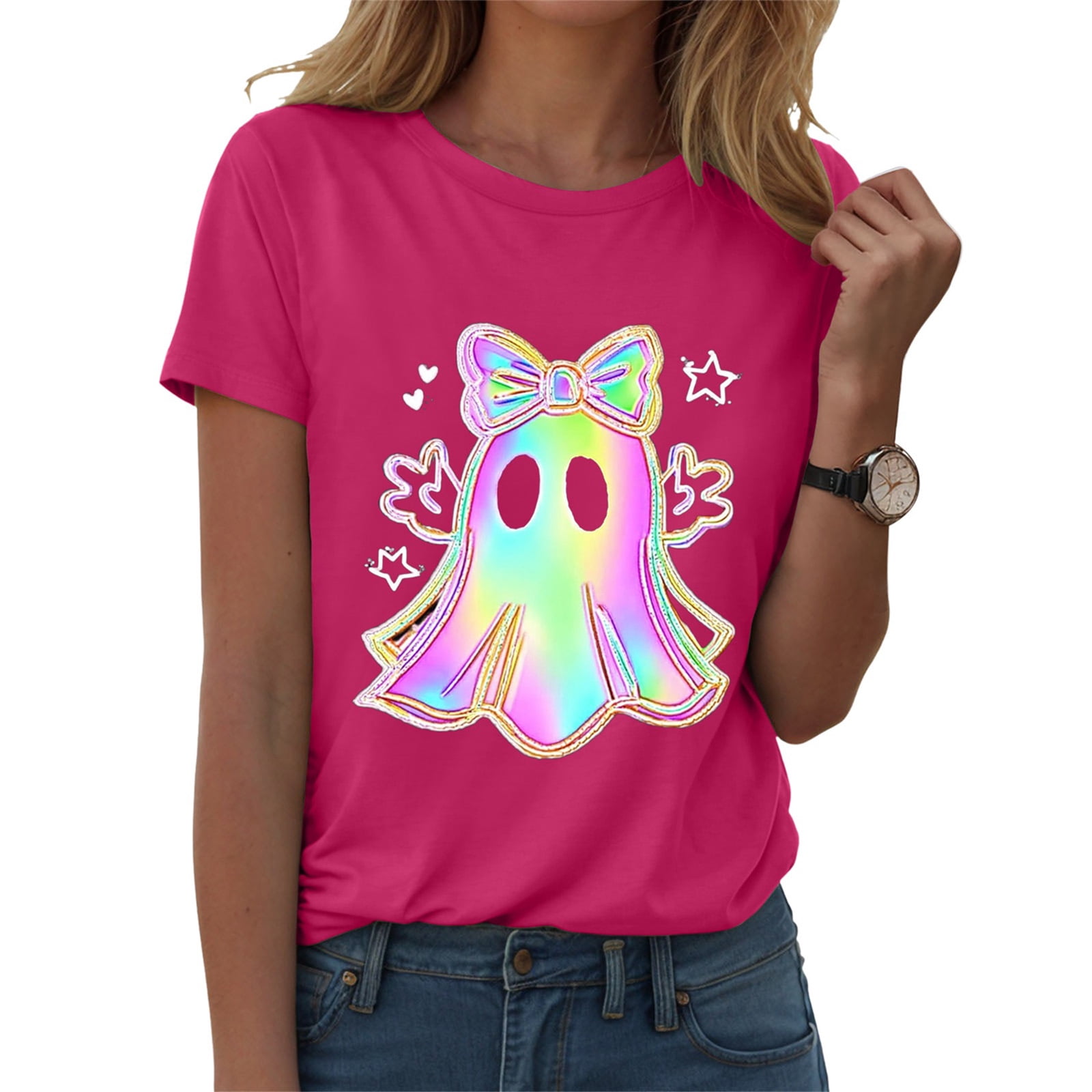 adviicd Womens Halloween Ghost Graphic Short Sleeve Tops Crew Neck ...