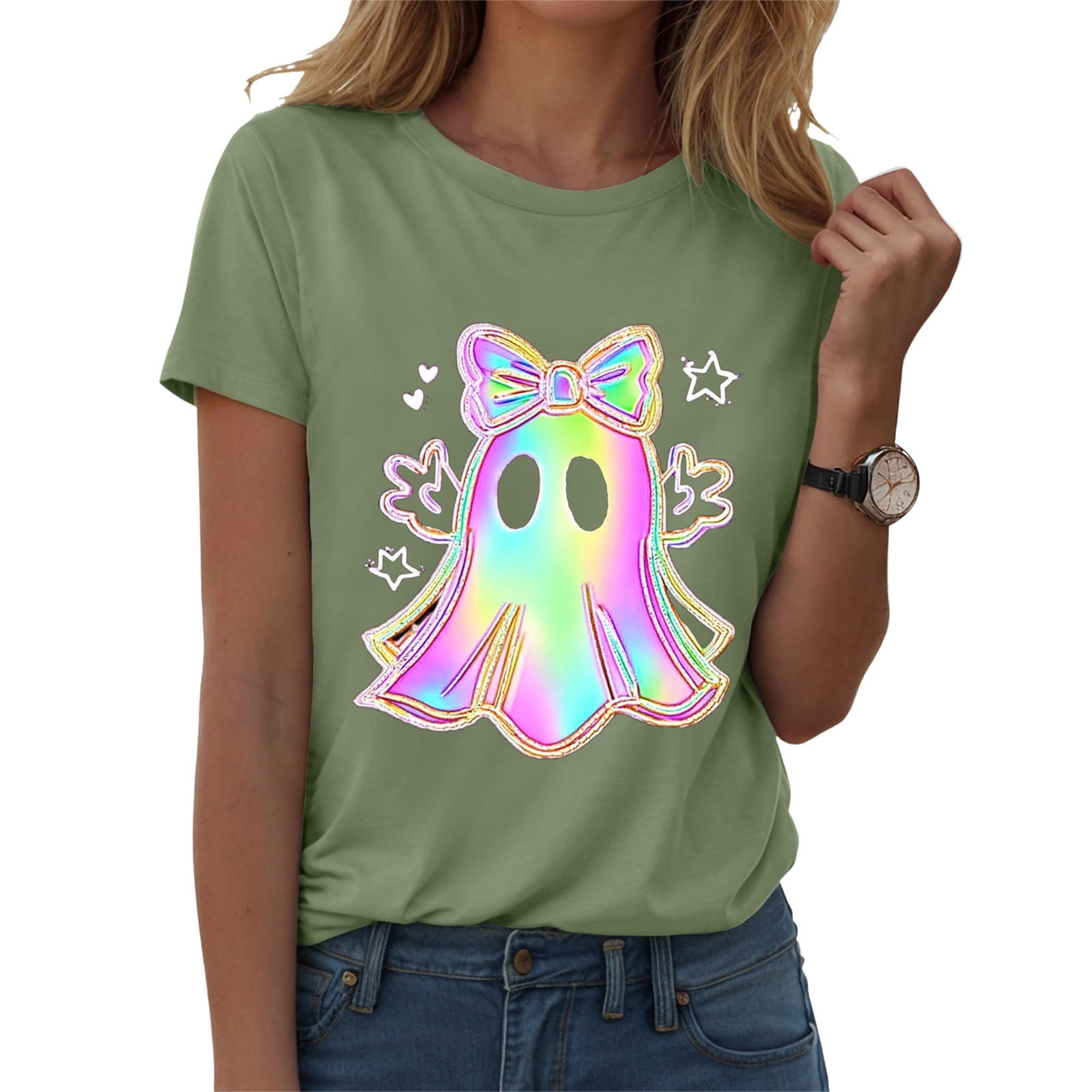 adviicd Womens Halloween Ghost Graphic Short Sleeve Tops Crew Neck ...