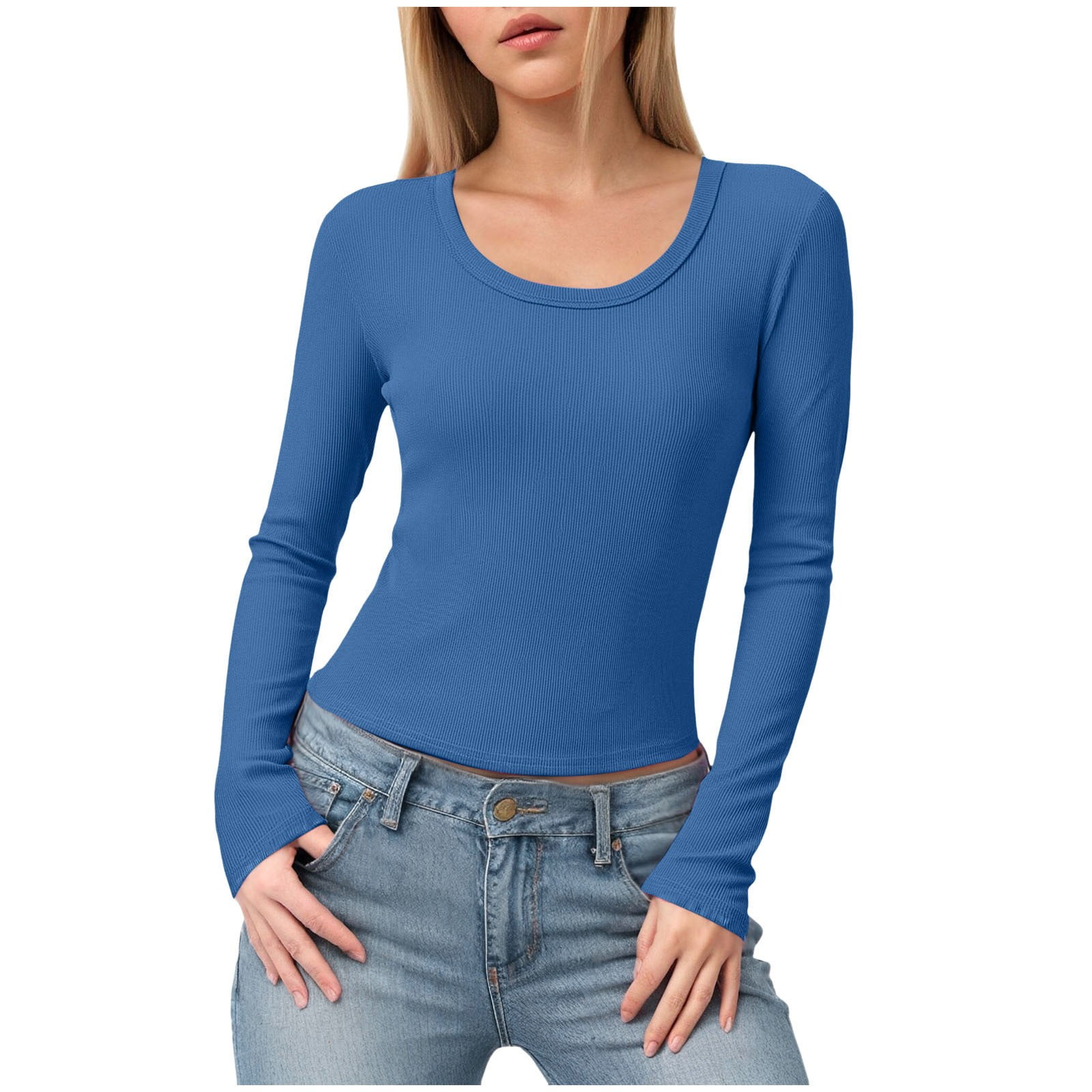 adviicd Womens Scoop Neck Long Sleeve Shirts Basic Fitted Basic Tee Y2k ...