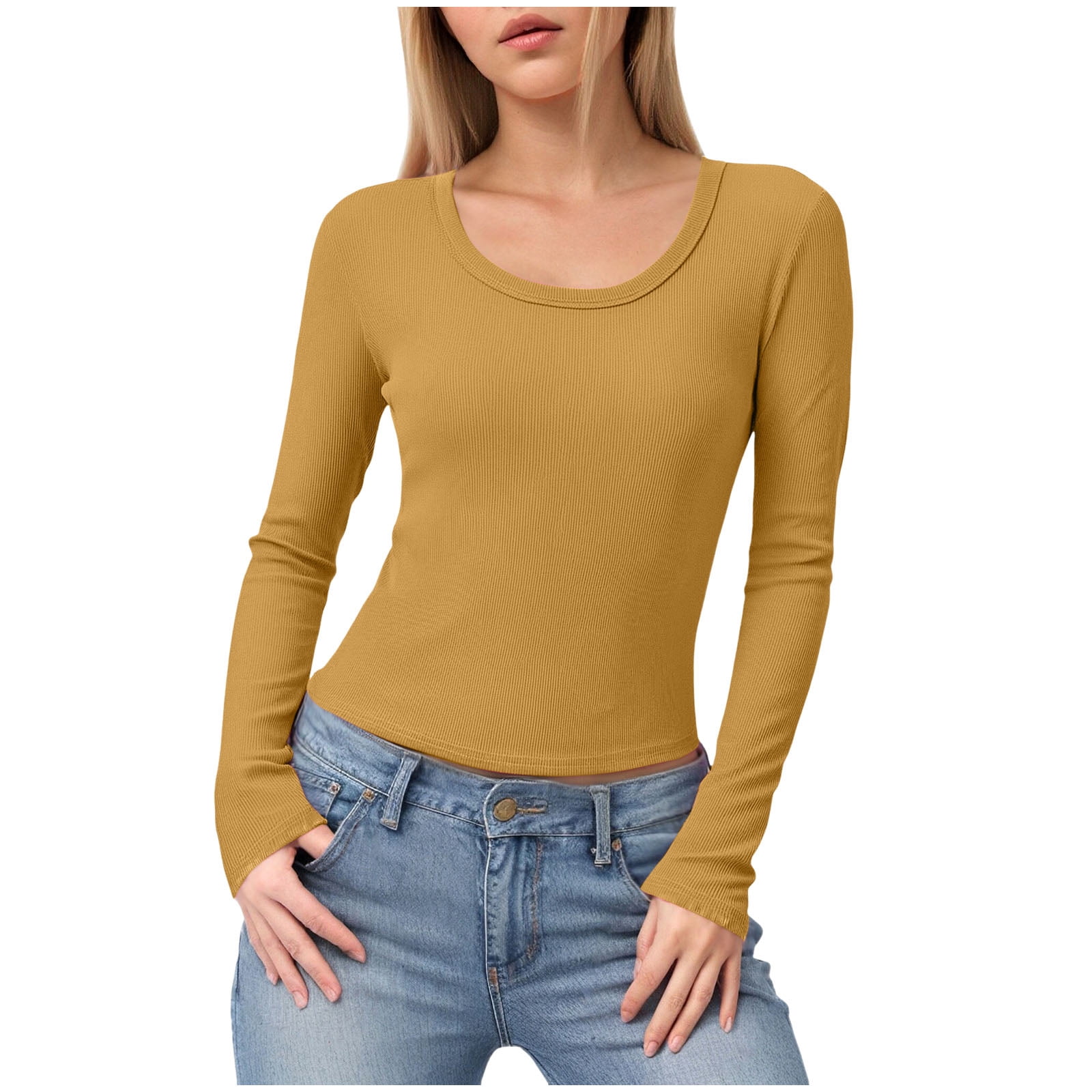 adviicd Womens Scoop Neck Long Sleeve Shirts Basic Fitted Basic Tee Y2k ...
