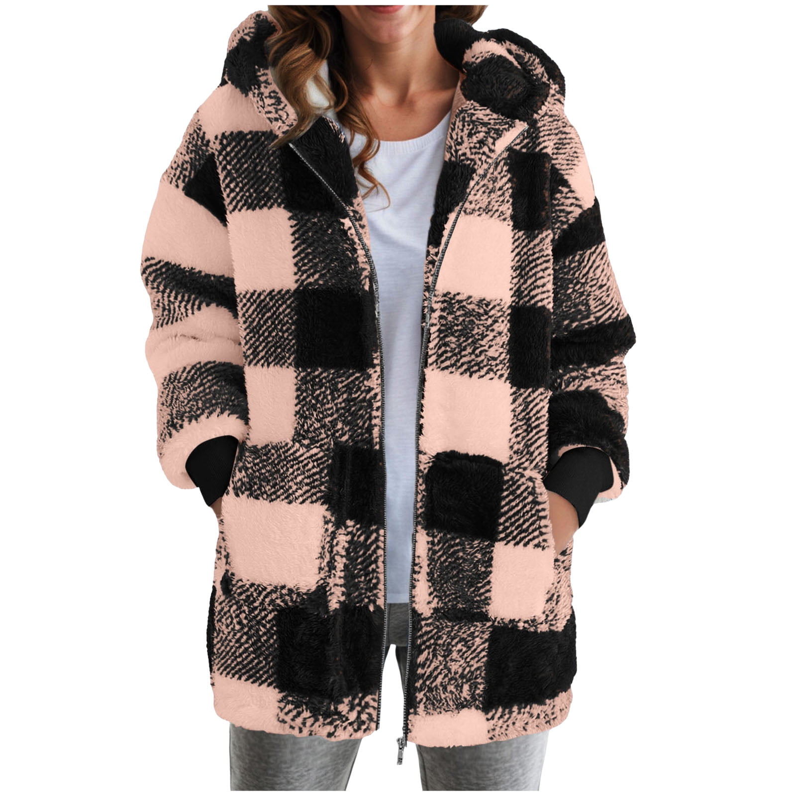 adviicd Womens Sherpa Jacket Fuzzy Zip Up Hoodie Oversized Fleece Plaid ...