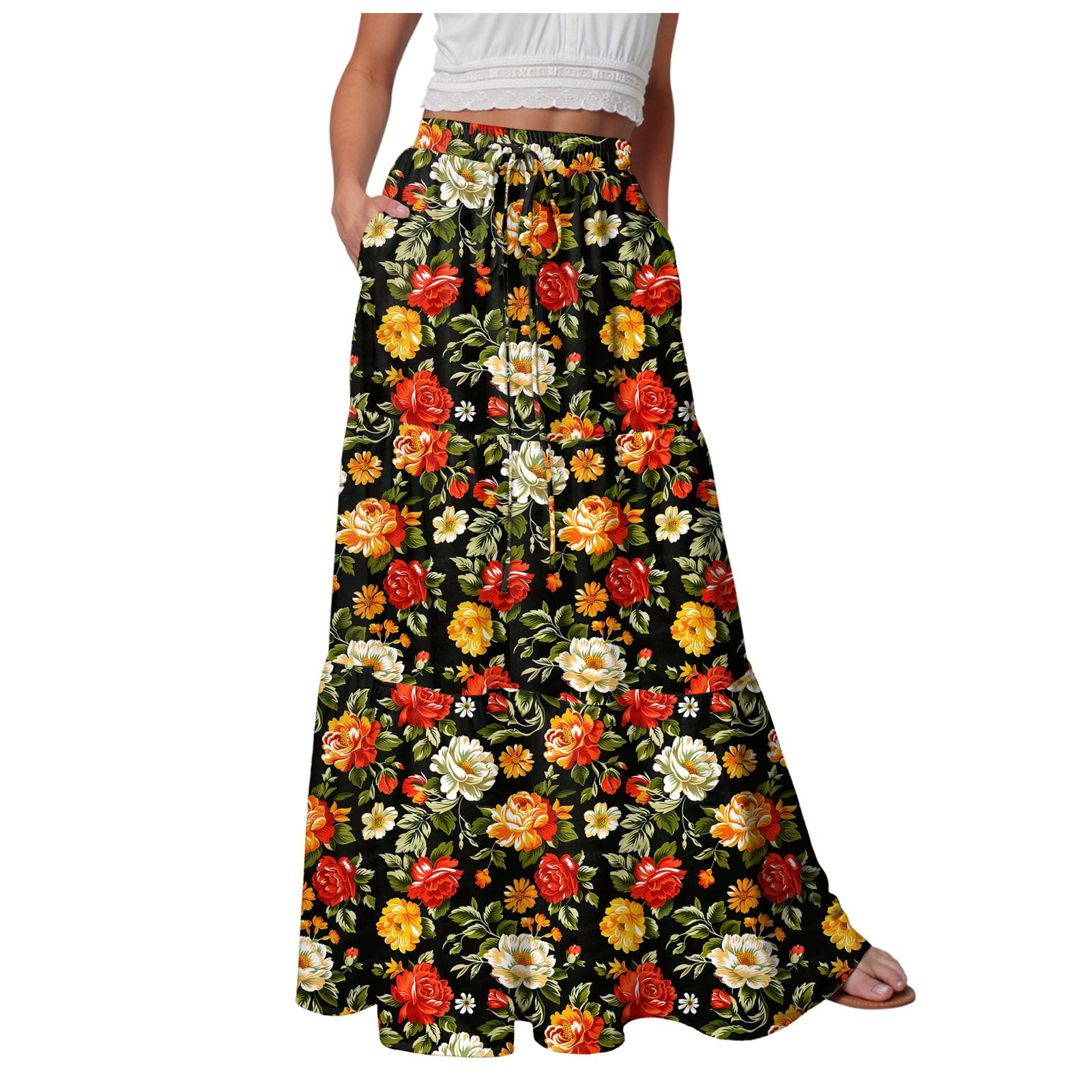 adviicd Womens Summer Skirt Print Midi Long Shirring Pleated Skirts ...