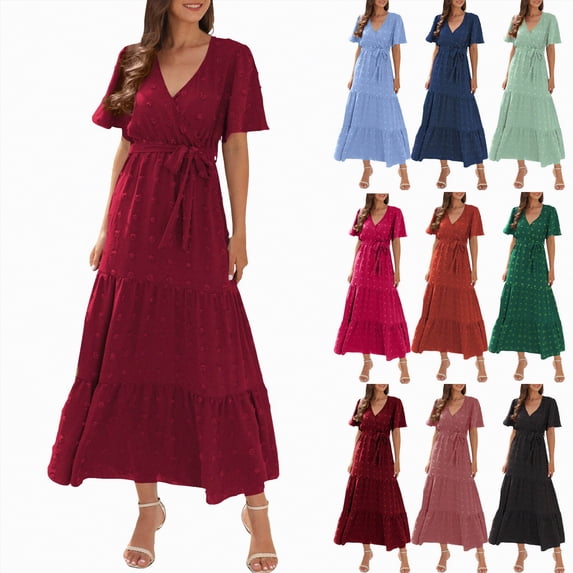 adviicd Womens Summer Swiss Dot Maxi Dresses Wrap V Neck Flutter Short ...