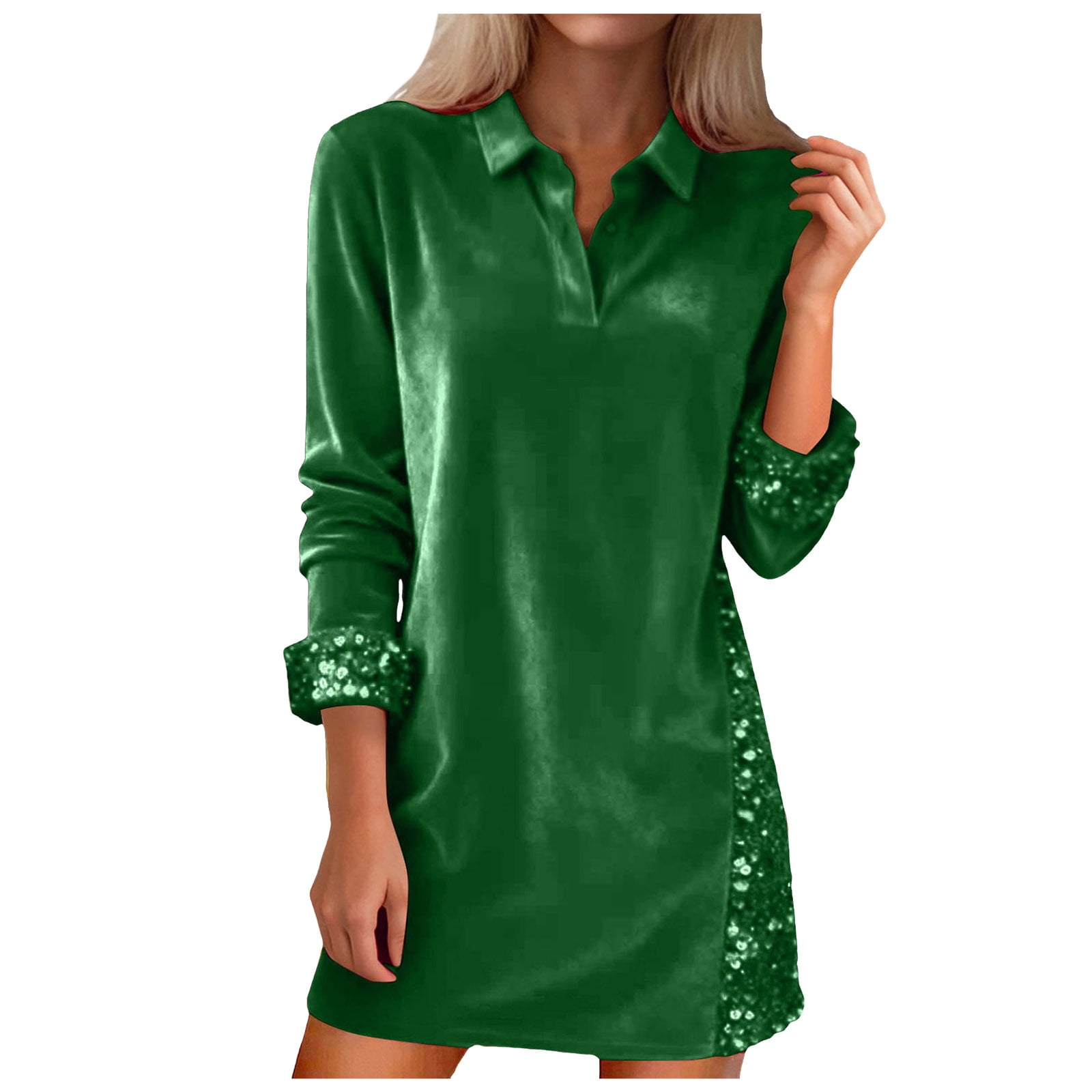 adviicd Womens Velvet Sequin Dresses Long Sleeve V Neck Collared ...