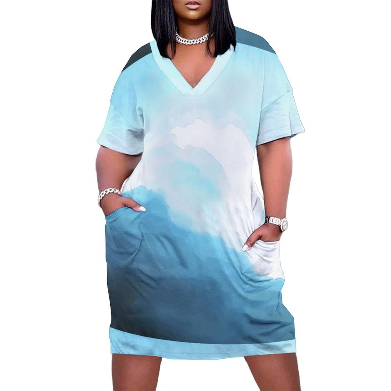 aesthetic cyan clouds Loose Pocket Dress long sleeve dresses dresses ...