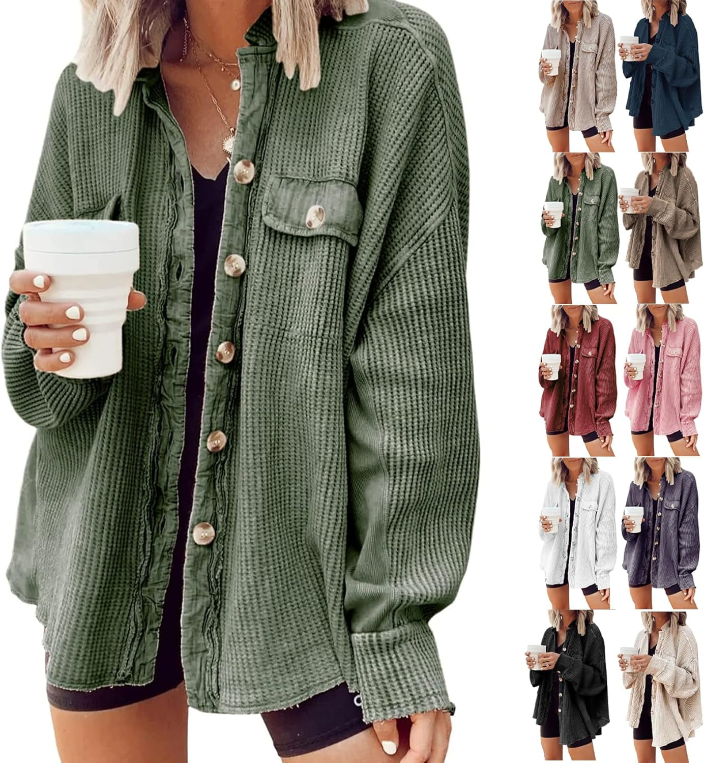 affle Shacket Women, Oversized Button Down Waffle Knit Jacket, Long ...