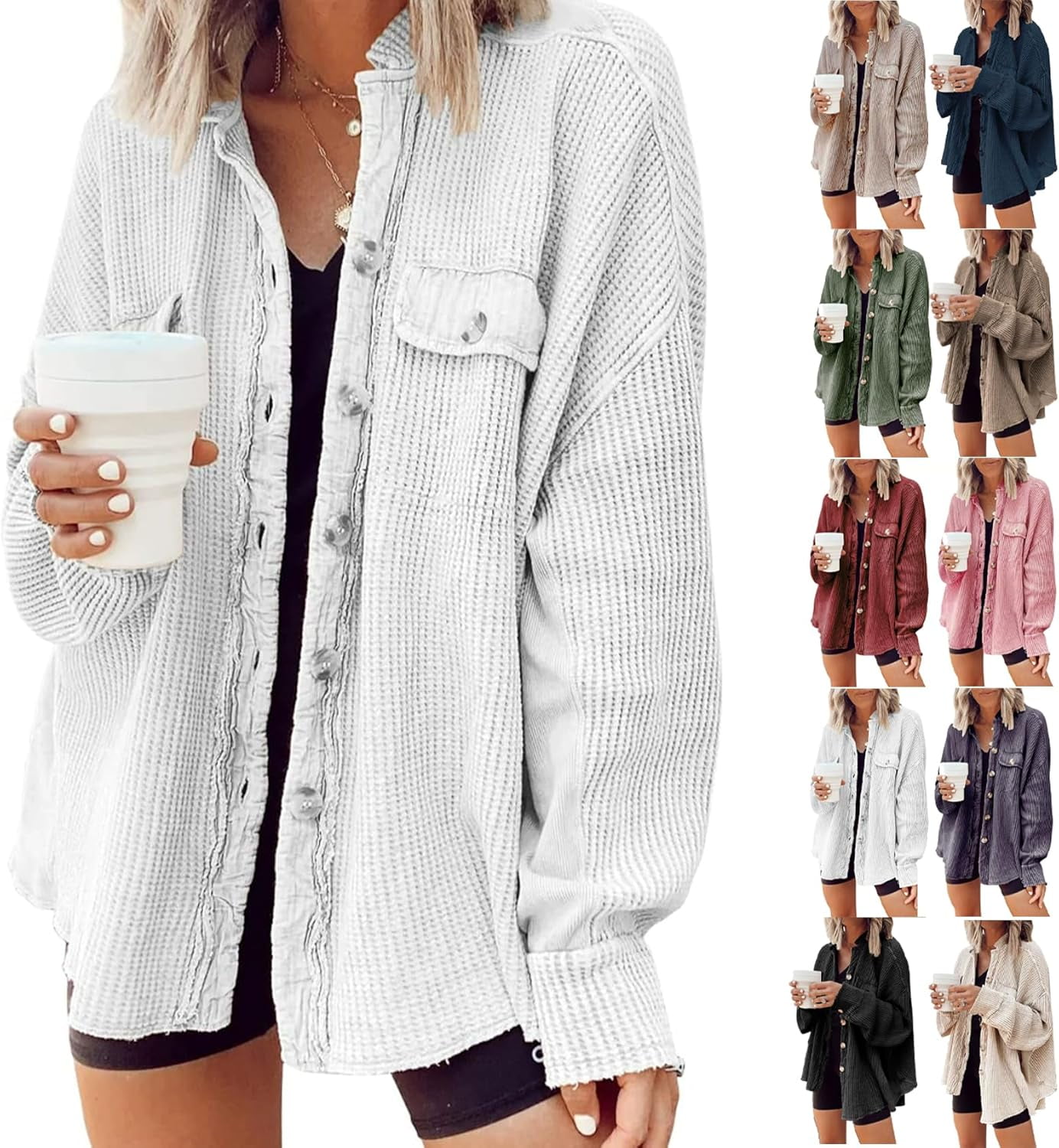 affle Shacket Women, Oversized Button Down Waffle Knit Jacket, Long Sleeve Casual Shirt Shacket ...