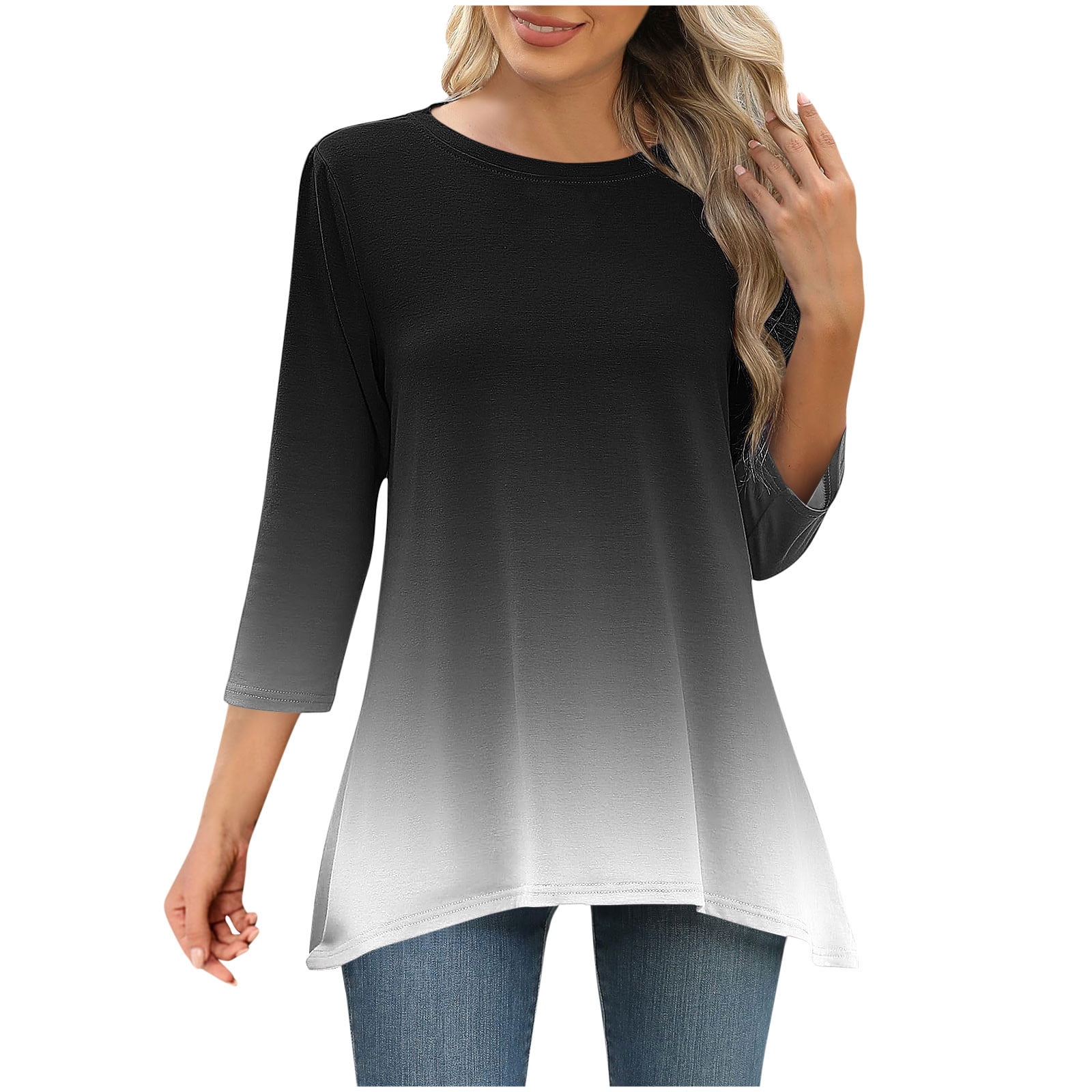 aidice 3/4 Length Sleeve Womens Tops Casual Round Neck Shirts Loose ...
