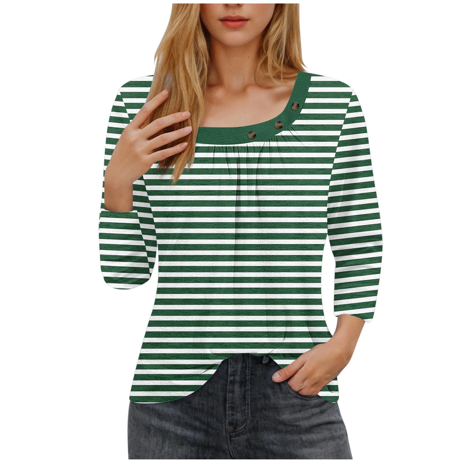aidice 3/4 Length Sleeve Womens Tops Casual Square Neck Striped Shirts ...