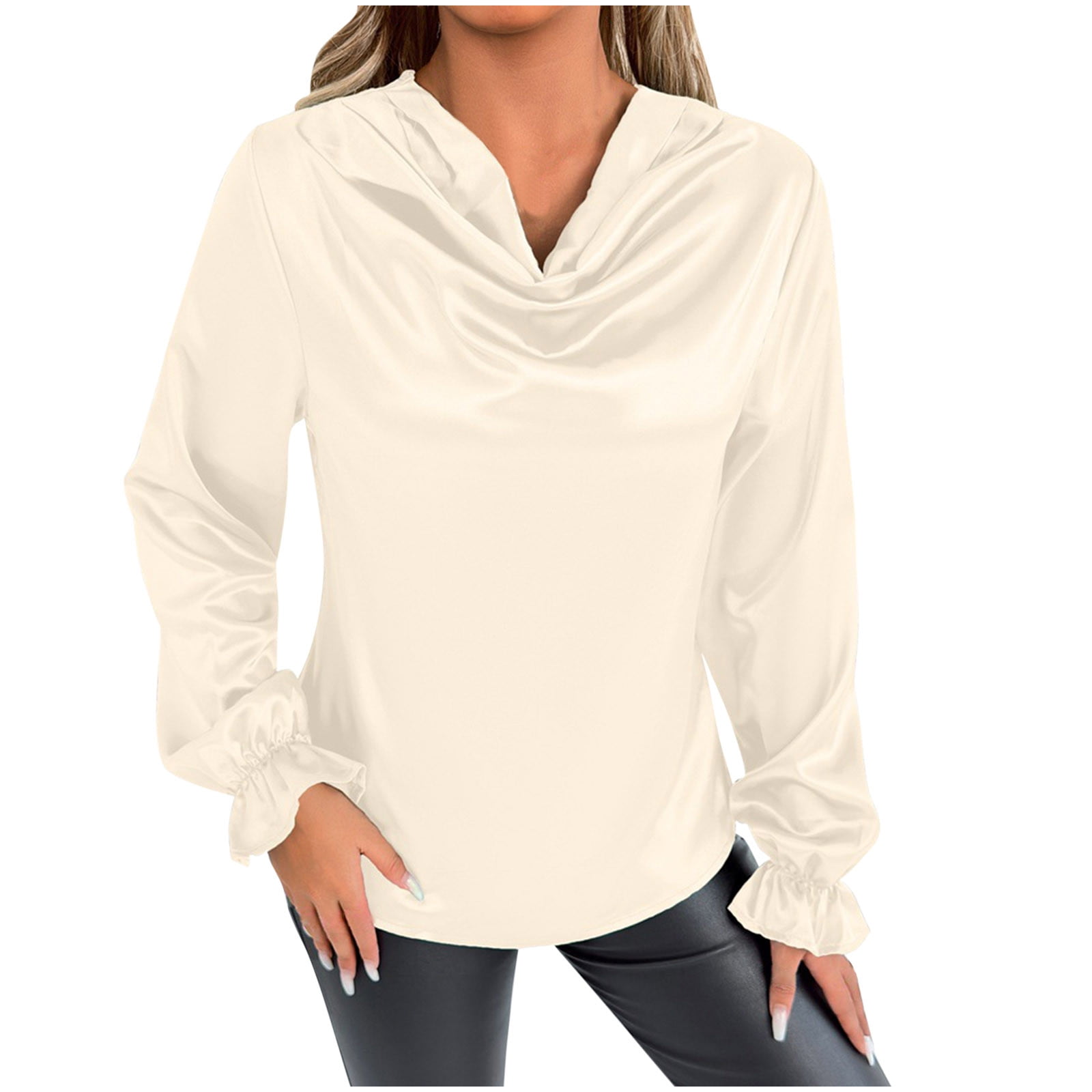 aidice Business Casual Tops for Women Satin Cowl Neck Long Sleeve ...
