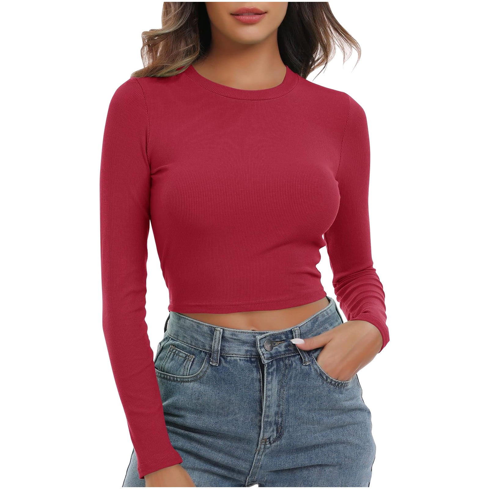 aidice Crop Tops for Women Ribbed Crewneck Long Sleeve Slim Fitting ...