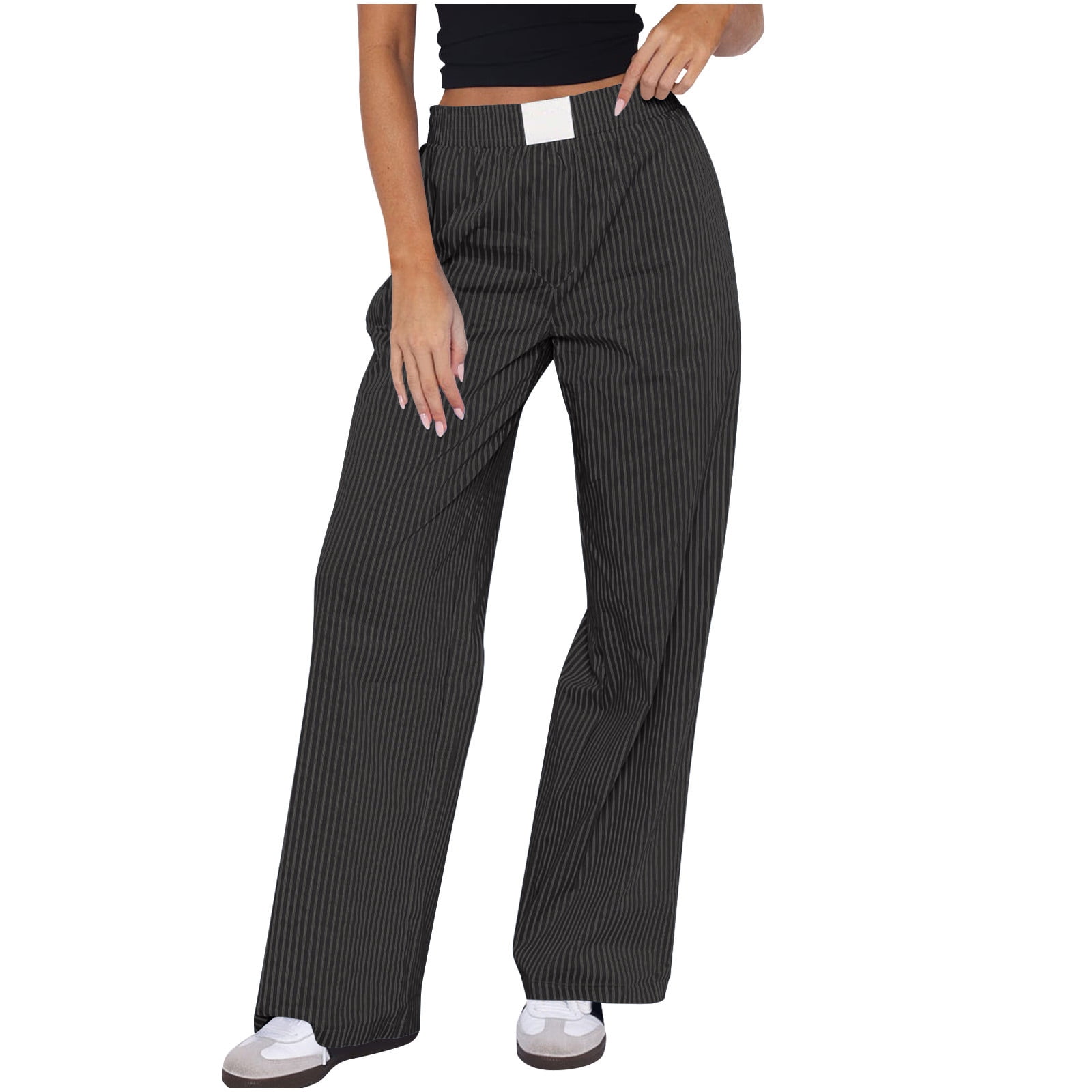 aidice Fall Casual Pants for Women Striped Elastic High Waisted ...