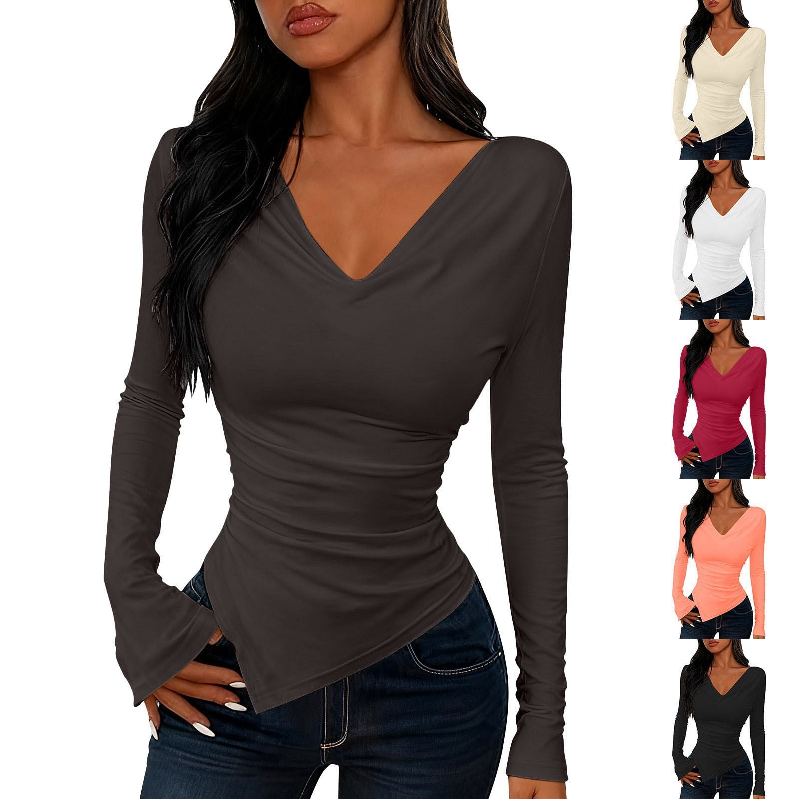 aidice Going out Tops for Women Cowl Deep V Neck Long Sleeve Slim ...