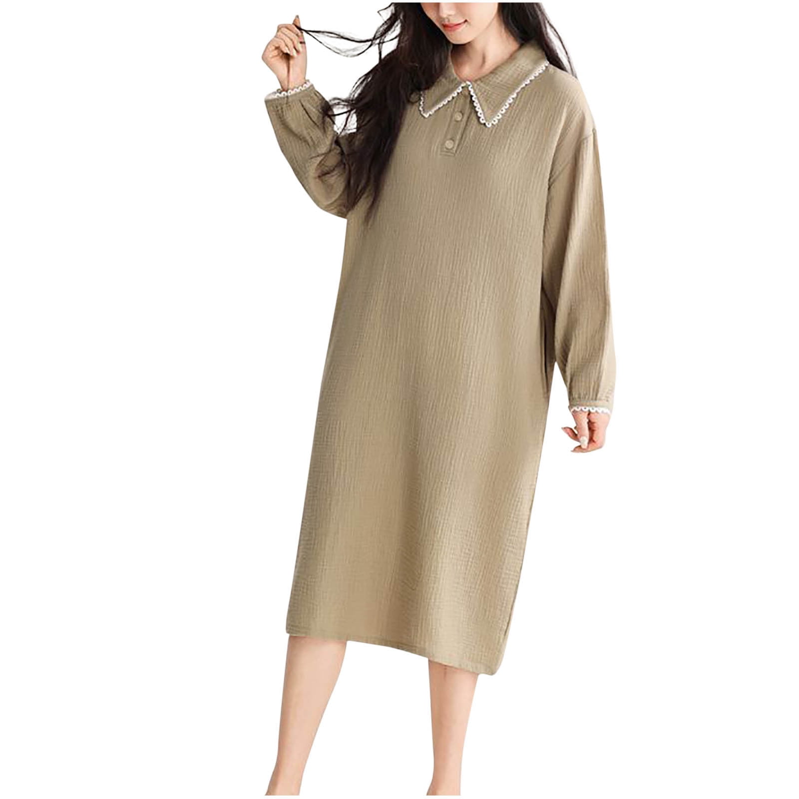 aidice Home Dresses for Women Homewear Lapel Neck Button Long Sleeve ...