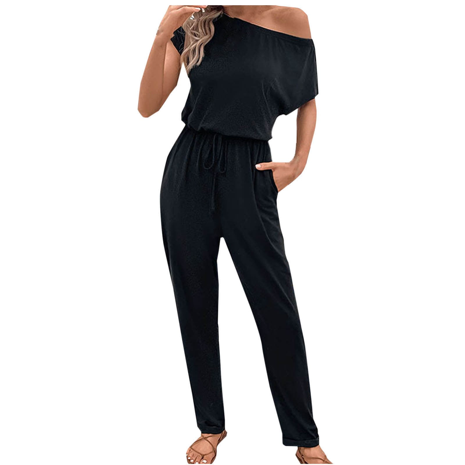 aidice Jumpsuits for Women Summer Off-Shoulder Short Sleeve Drawstring ...
