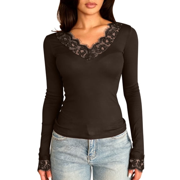 aidice Long Sleeve Tops for Women Lace V Neck Stretchy Slim Fitting ...