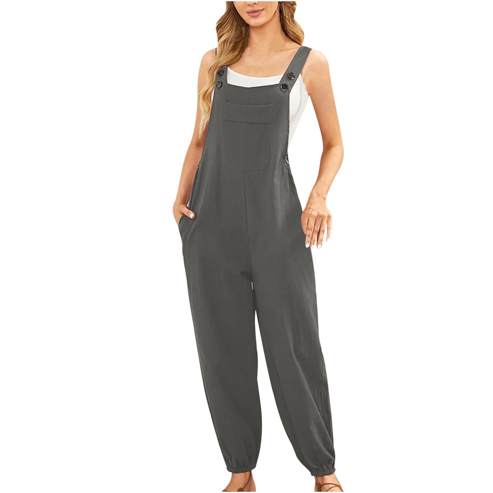 aidice Overalls for Women Cotton Linen Lightweight Button Adjustable ...