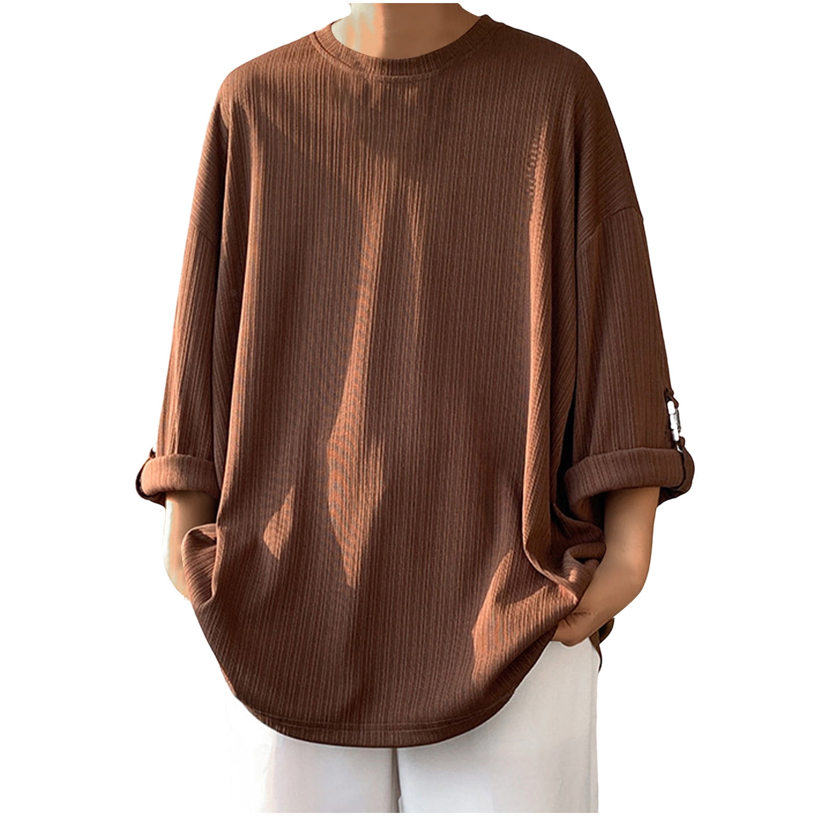 aidice Plus Size Shirts for Men Long Sleeve Buckle Round Neck Loose ...