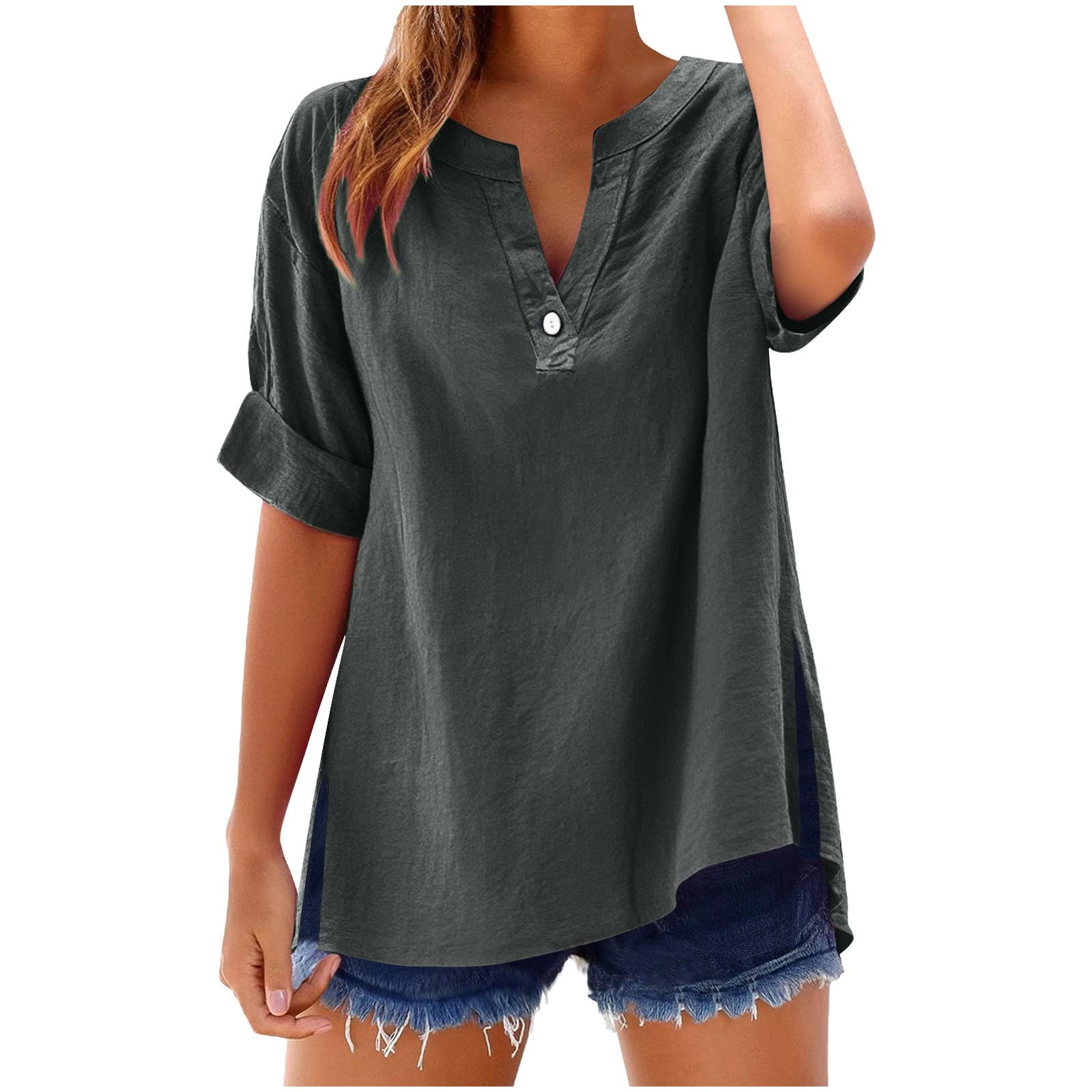 aidice Plus Size Tops for Women Casual Notched V Neck 3/4 Sleeve ...