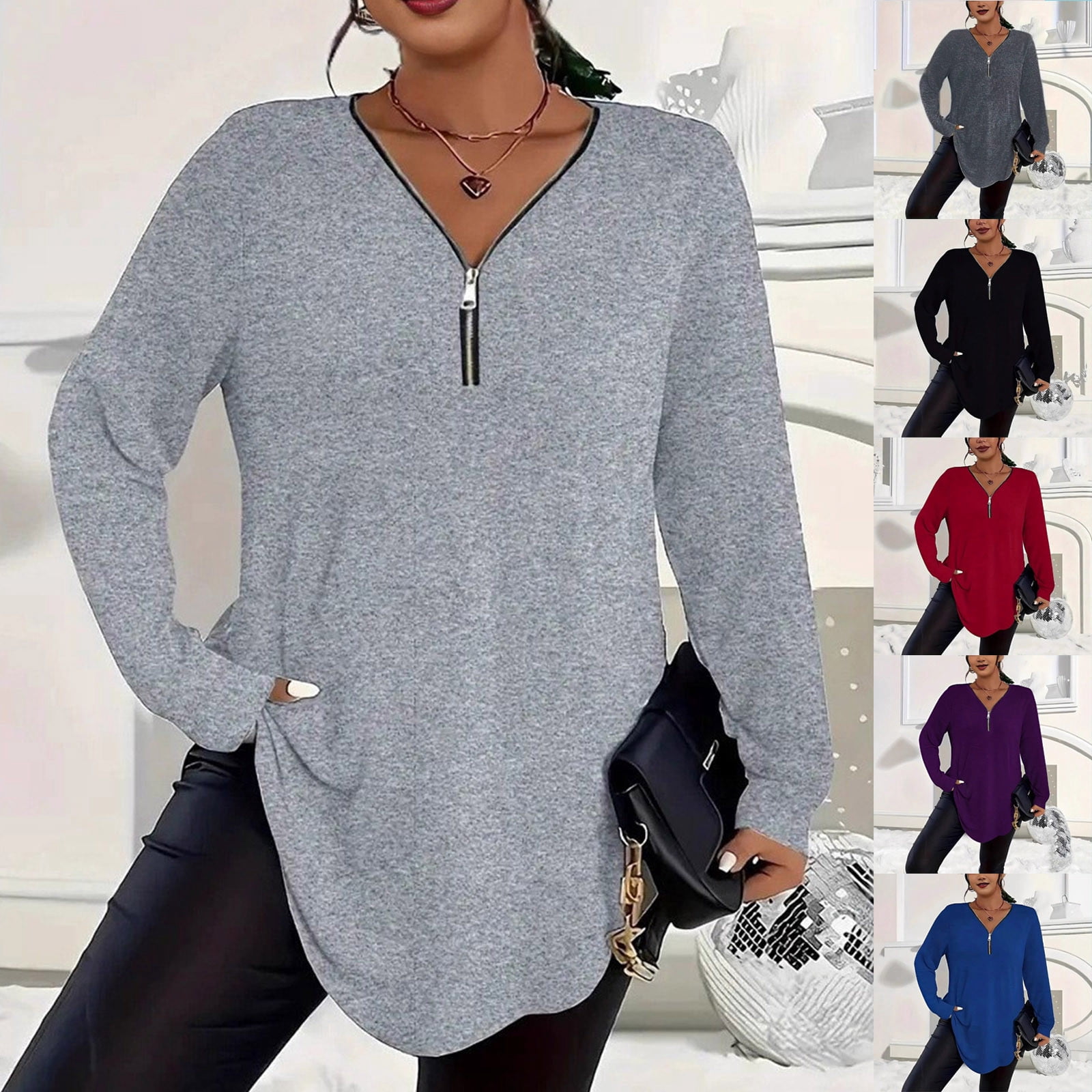 aidice Plus Size Tops for Women Quarter Zipper V Neck Long Sleeve Tops ...