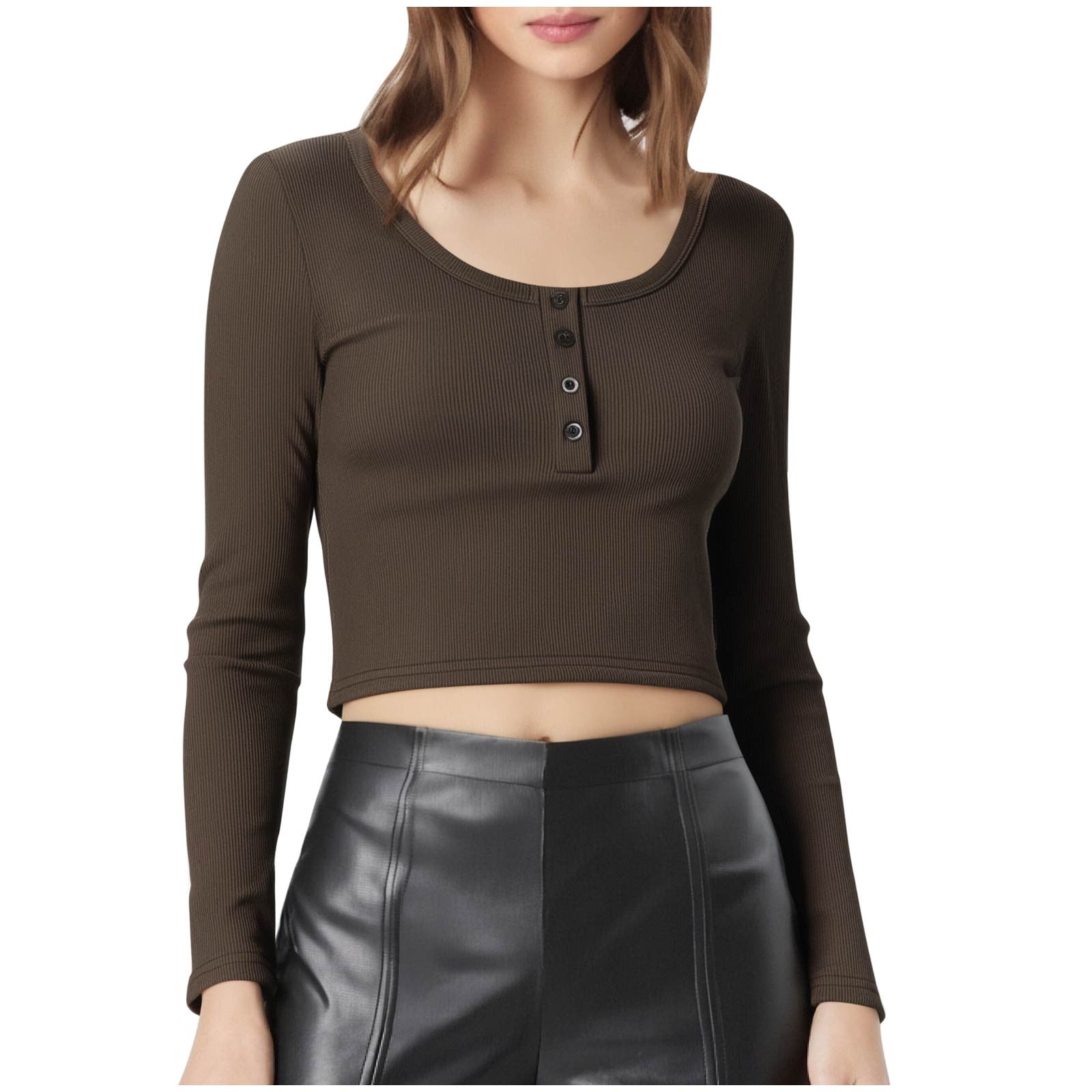 aidice Ribbed Tops for Women Casual Round Neck Long Sleeve Comfy Shirts ...