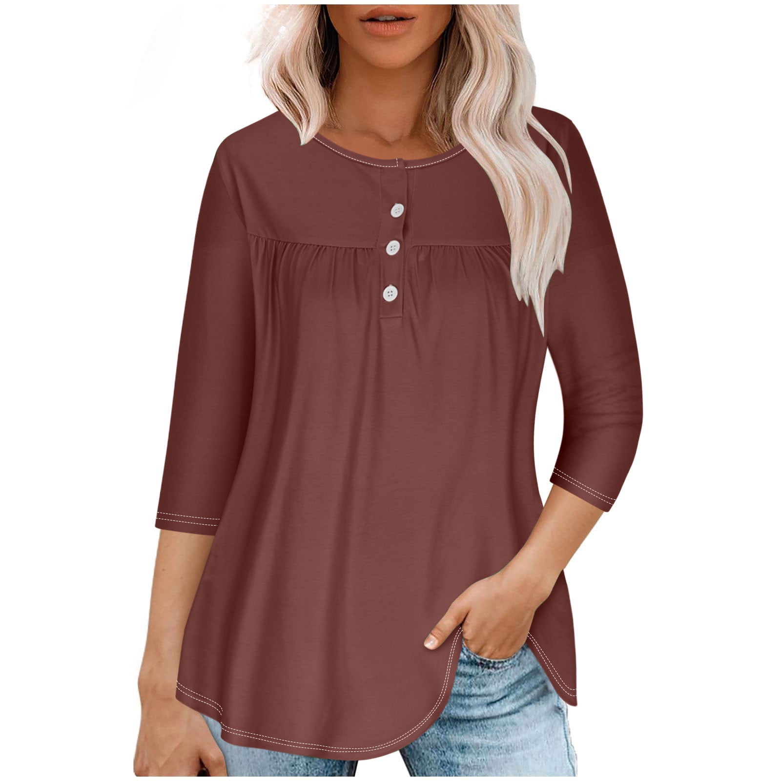 aidice Shirts for Women Casual 3/4 Length Sleeve Round Neck Button ...
