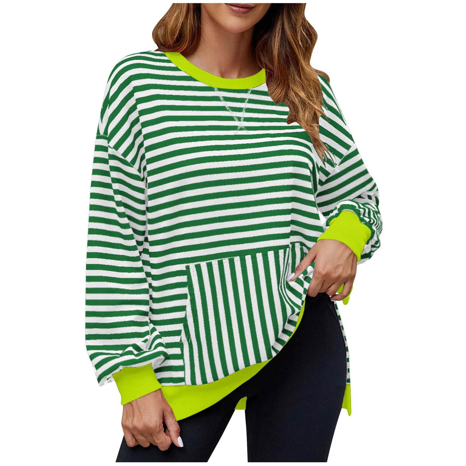 aidice Shirts for Women Casual Crewneck Long Sleeve Loose Striped Side ...