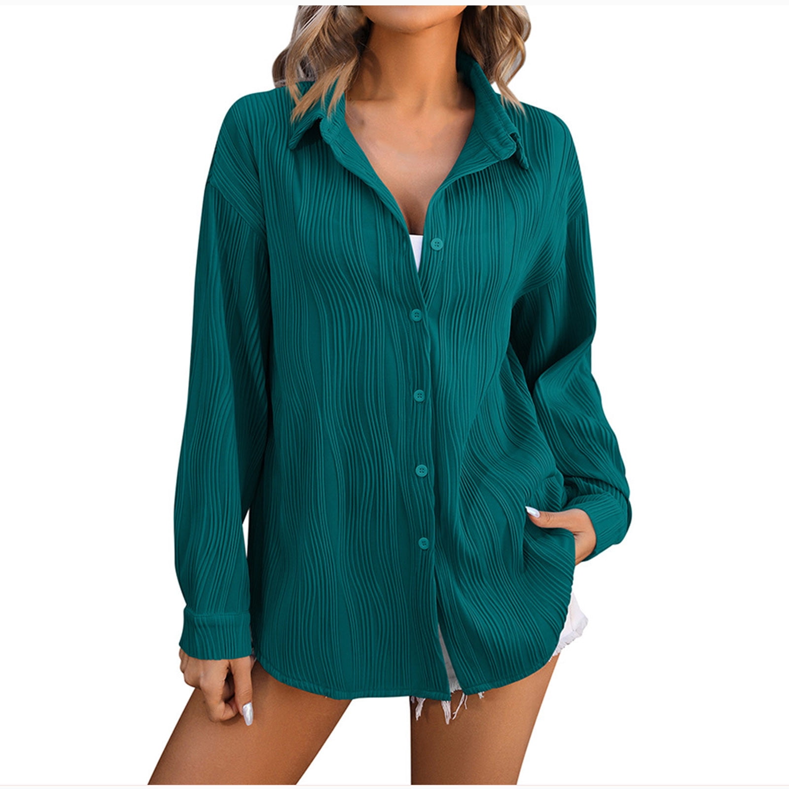aidice Shirts for Women Casual Lapel Neck Long Sleeve Loose Texture ...