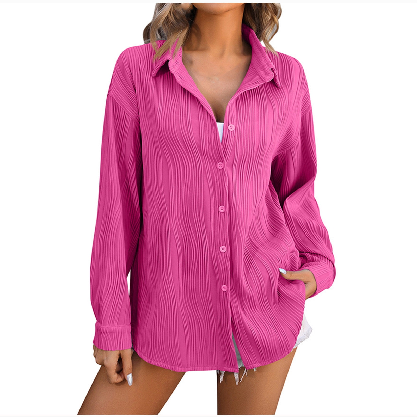 aidice Shirts for Women Casual Lapel Neck Long Sleeve Loose Texture ...