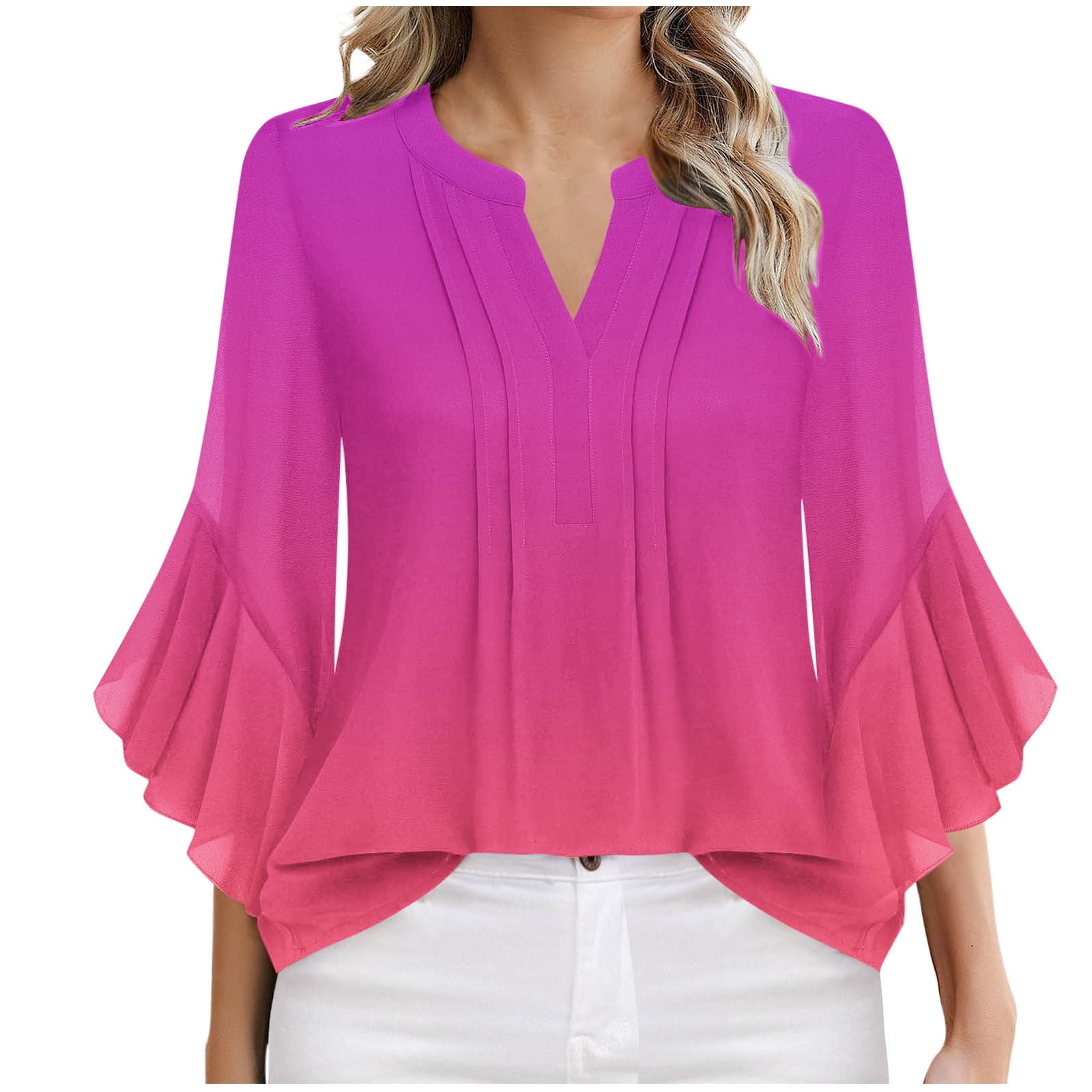 aidice Shirts for Women Casual Ruffle 3/4 Sleeve Notched V Neck Ruched ...