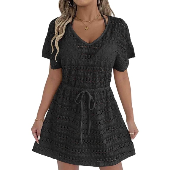 aidice Summer Beach Dresses for Women Mini Lace Eyelet Short Sleeve V ...