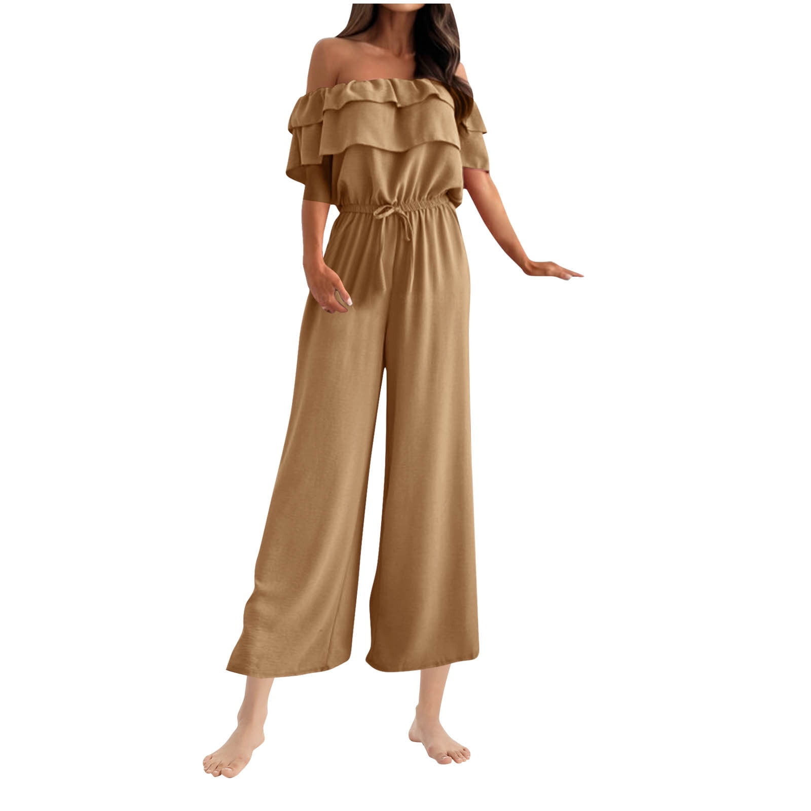 aidice Summer Jumpsuits for Women Off-Shoulder Ruffle Drawstring Waisted Casual Cropped Pants ...