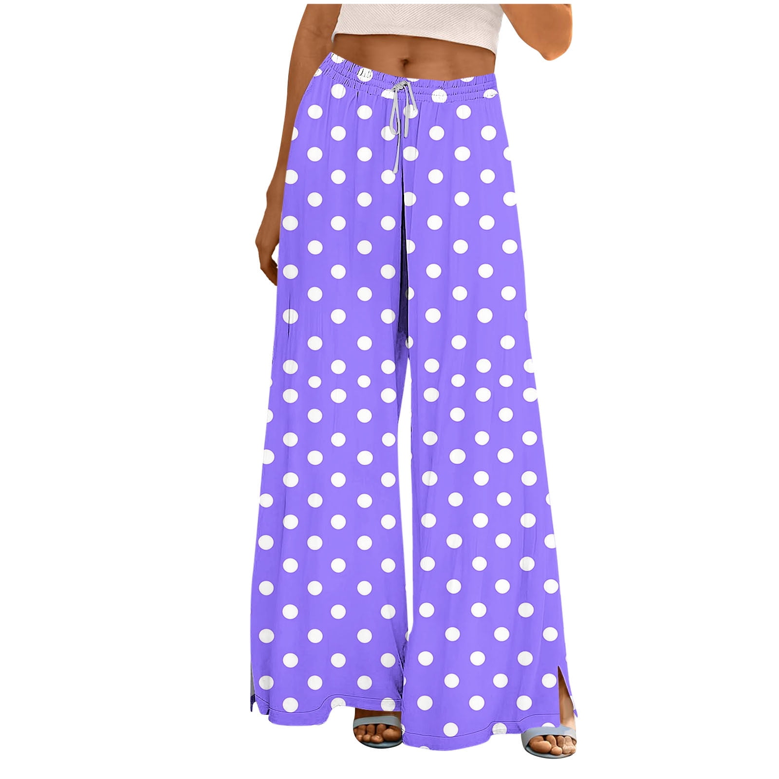 aidice Summer Pants for Women Casual Side Split Wide Leg Drawstring Elastic Waisted Straight Leg ...