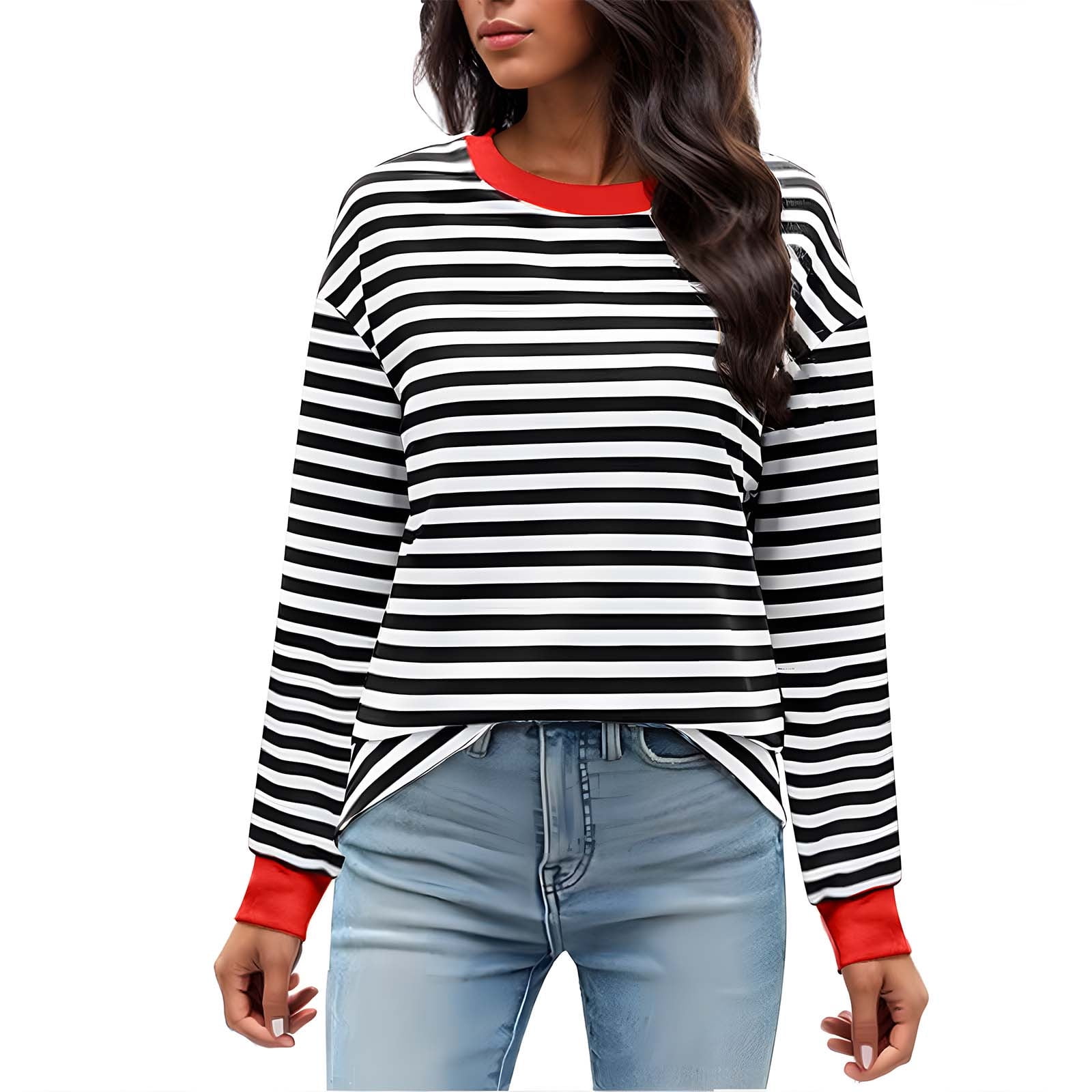 aidice T Shirts for Women Casual Long Sleeve Crewneck Tops Striped ...