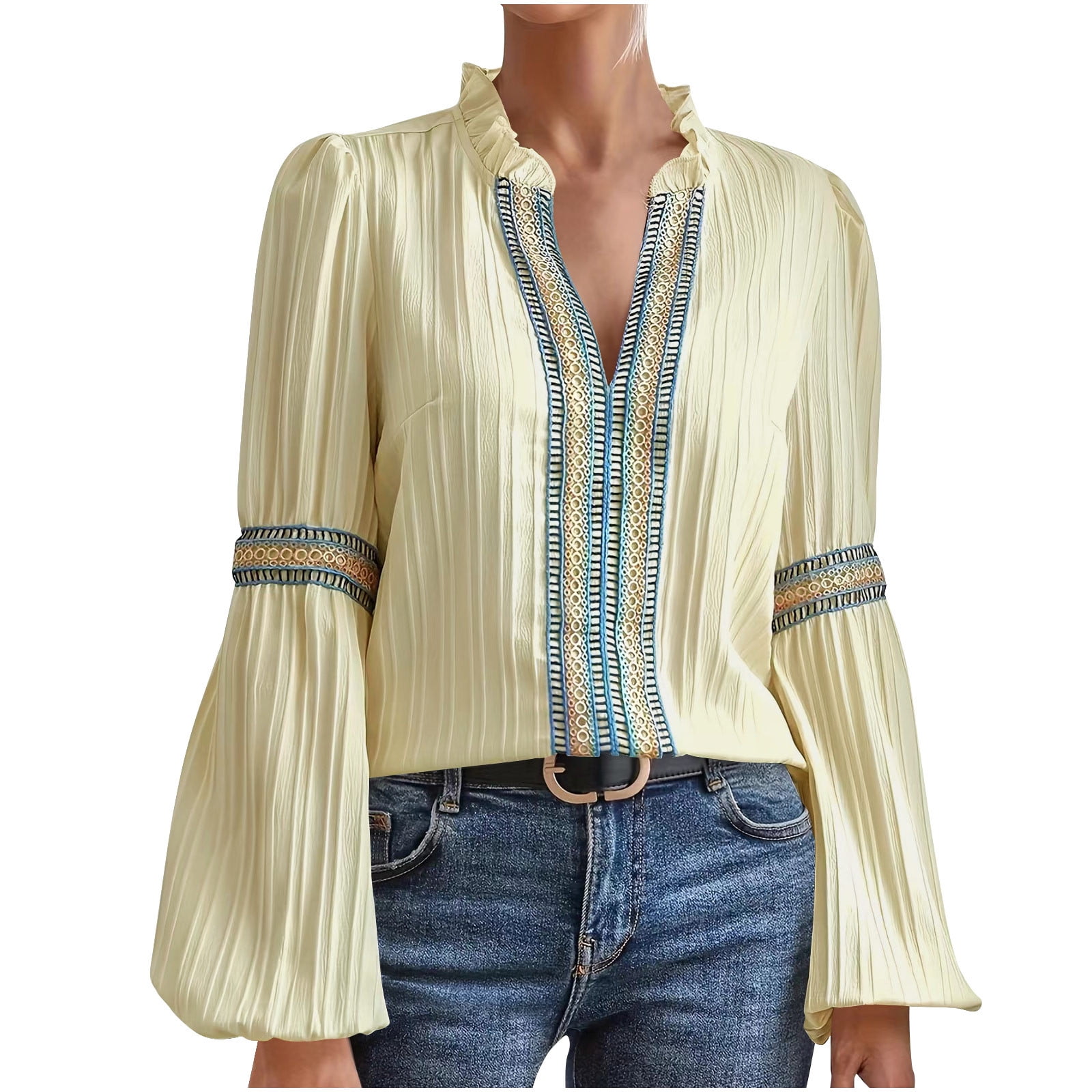 aidice T Shirts for Women Casual Notched V Neck Ruffle Long Puff Sleeve ...