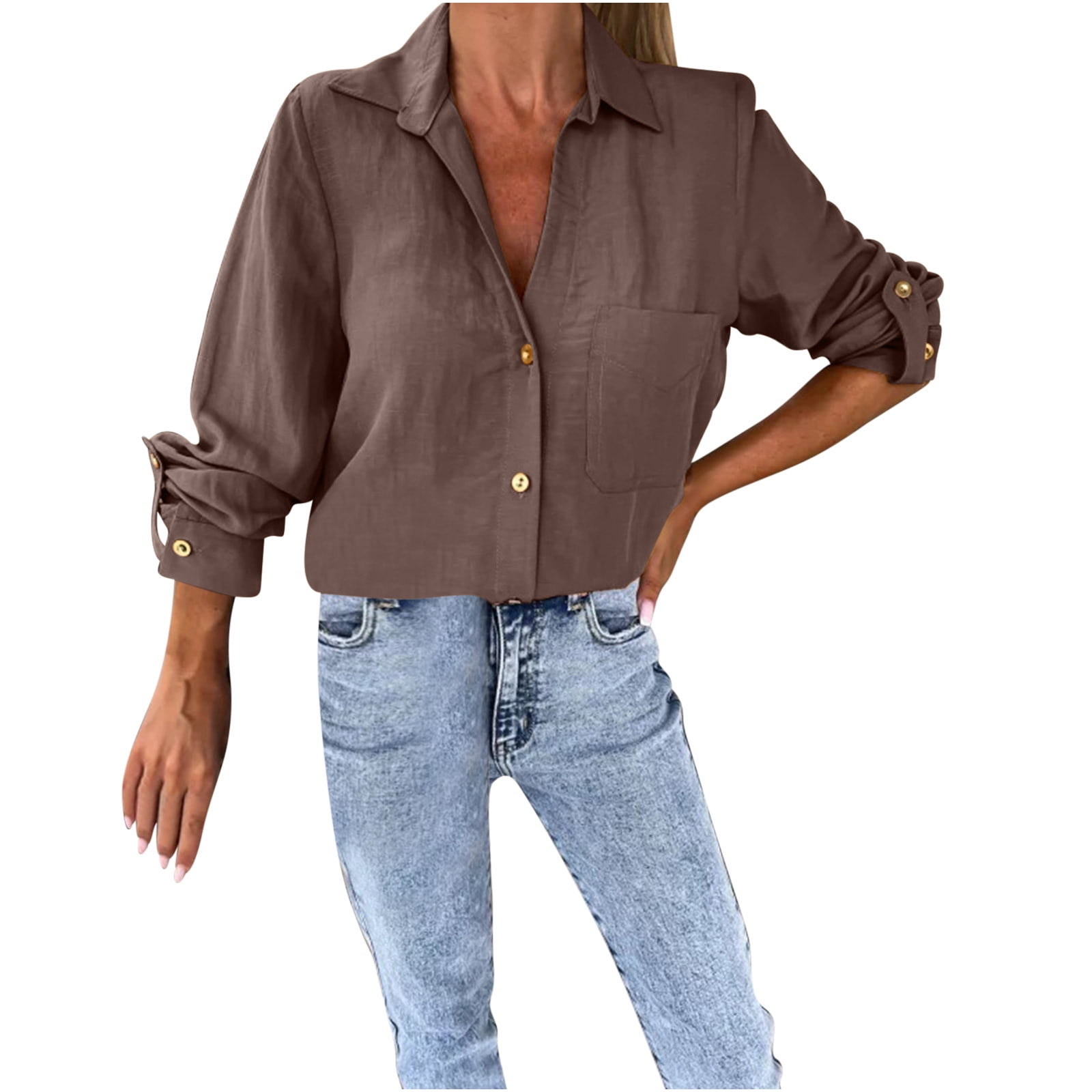 aidice Tops for Women Casual Lapel Neck Long Sleeve Loose Button up ...