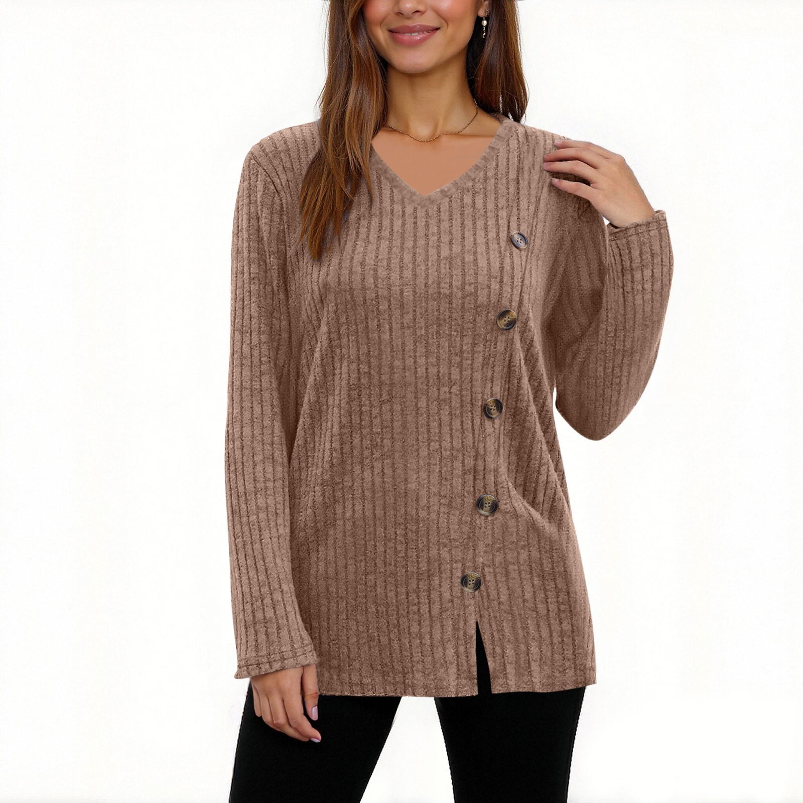 aidice Tops for Women Casual Long Sleeve V Neck Button Side Split ...