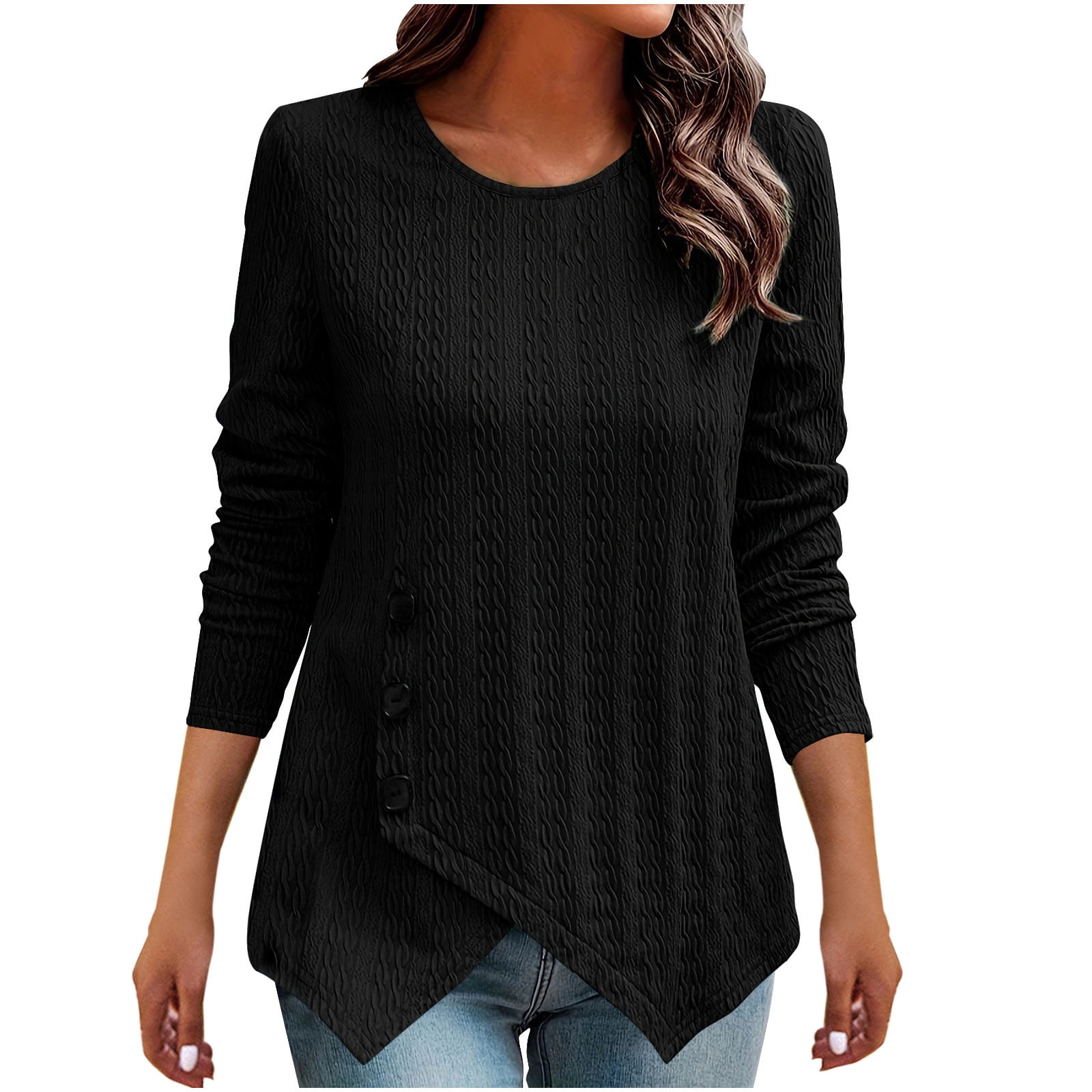 aidice Tops for Women Trendy Round Neck Long Sleeve Button Fitting ...