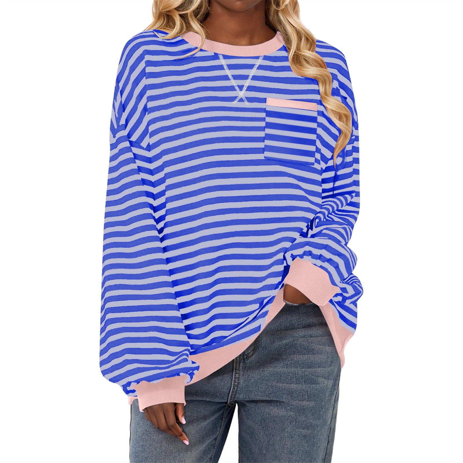 aidice Women Tops Casual Crewneck Long Sleeve Loose Comfy Striped ...