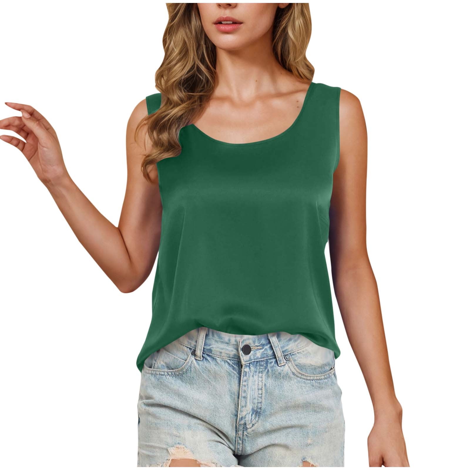 aidice Women's Satin Silk Tank Tops Sleeveless Crew Neck Tanks Loose ...