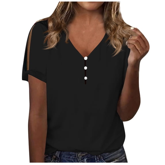aidice Womens T Shirts V Neck Button Short Sleeve Side Split Loose ...